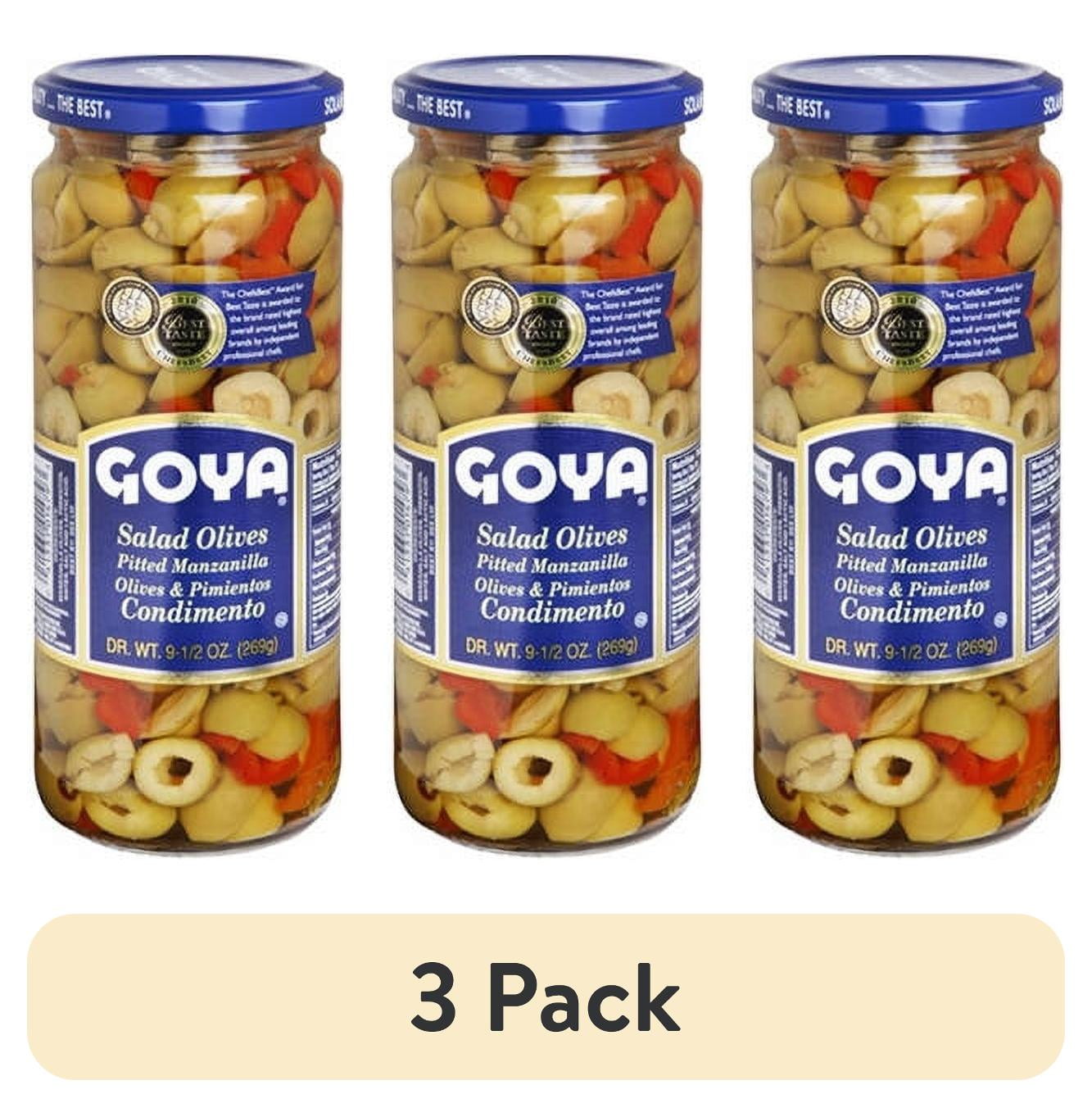 (3 pack) Goya Salad Olives Pitted Manzanilla Olives & Pimientos Condimento 9.5 oz. - Walmart.com