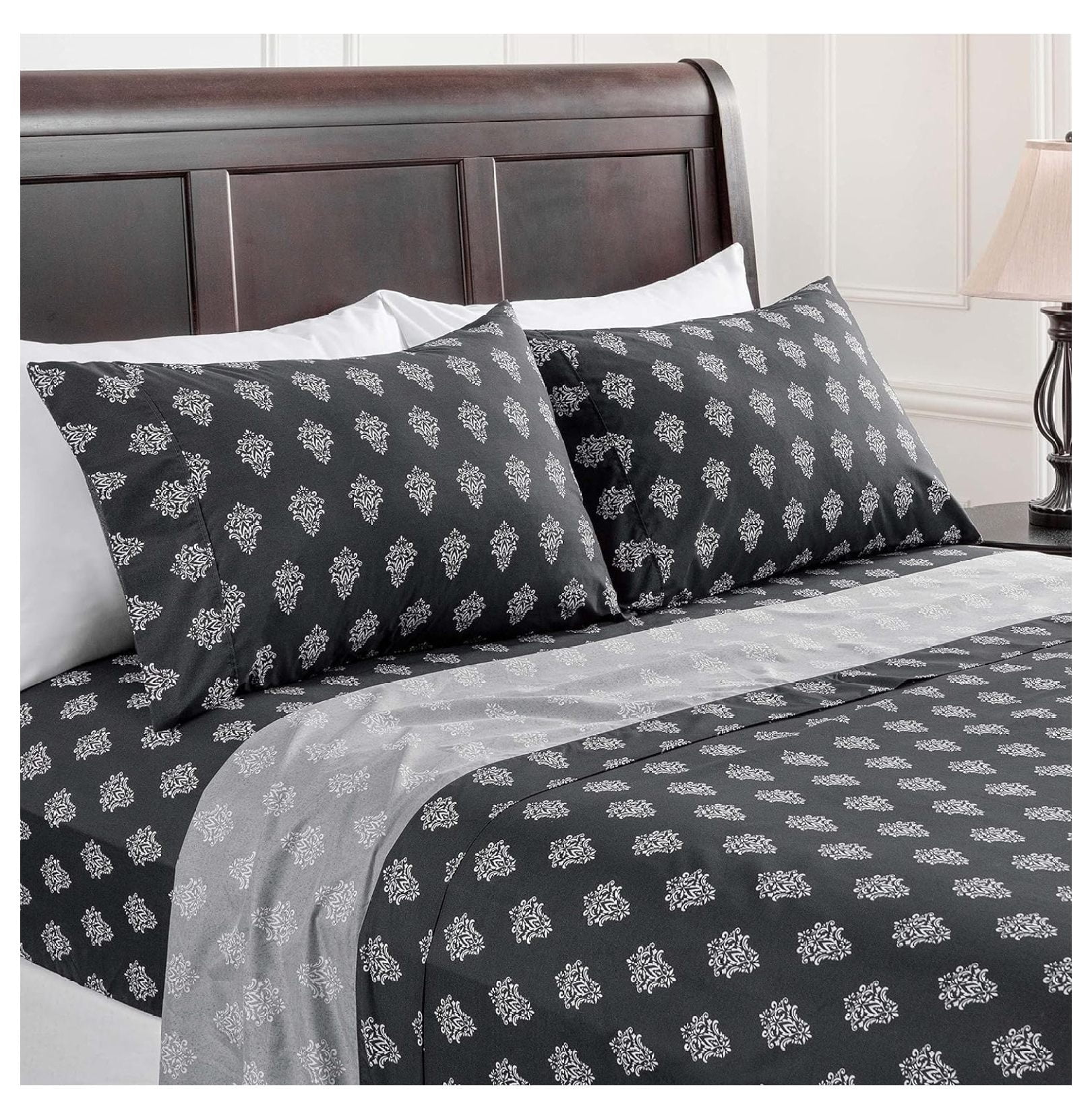 GpLuMy Premium Small Damask Printed Victorian Patterned Bed Sheet Set 3-Piece - 1 Flat 1 Fitted ...