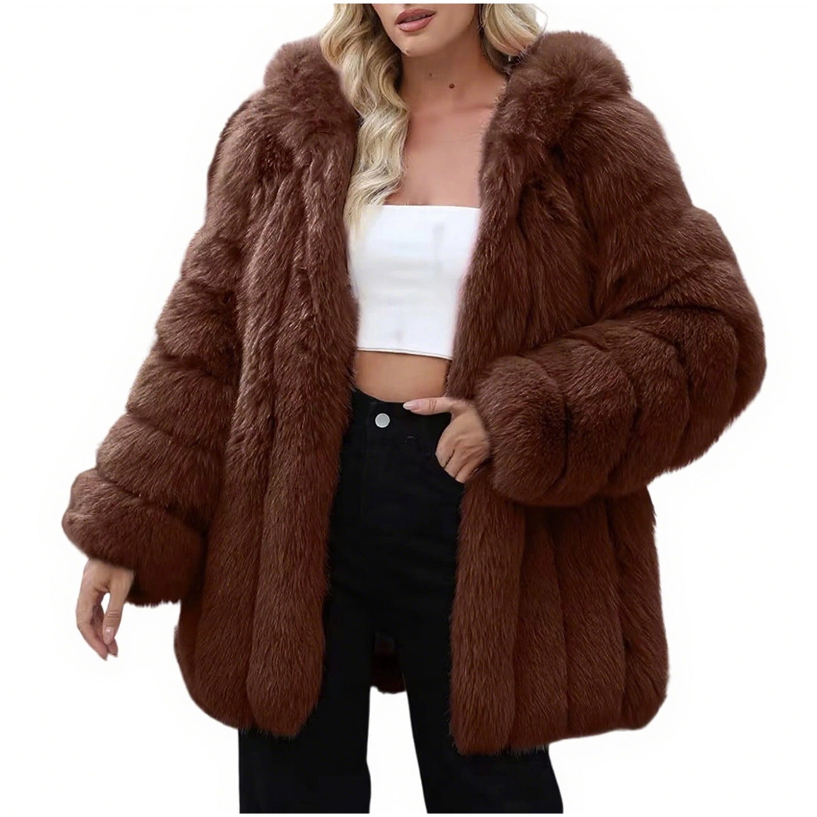 Gpaecead Faux Fur Jackets Womens Ladies Warm Faux Furry Coat Jacket ...