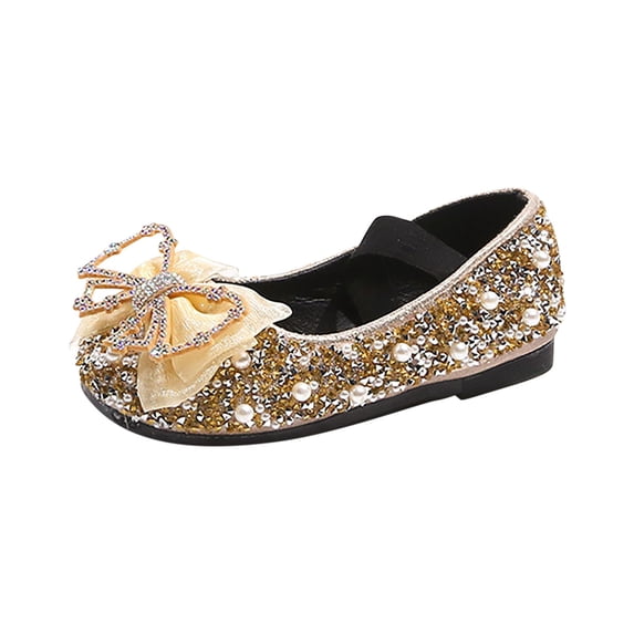 Gpaecead Girls Sequins Pearl Bow Princess Shoes Faux Leather Soft Sole ...