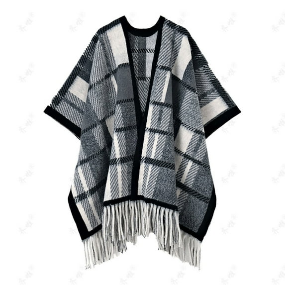 Gpaecead Plus Size Faux Mink Knit Cape - Plaid Pattern Long Sleeve Shawl With Qipao Style Fringe ...