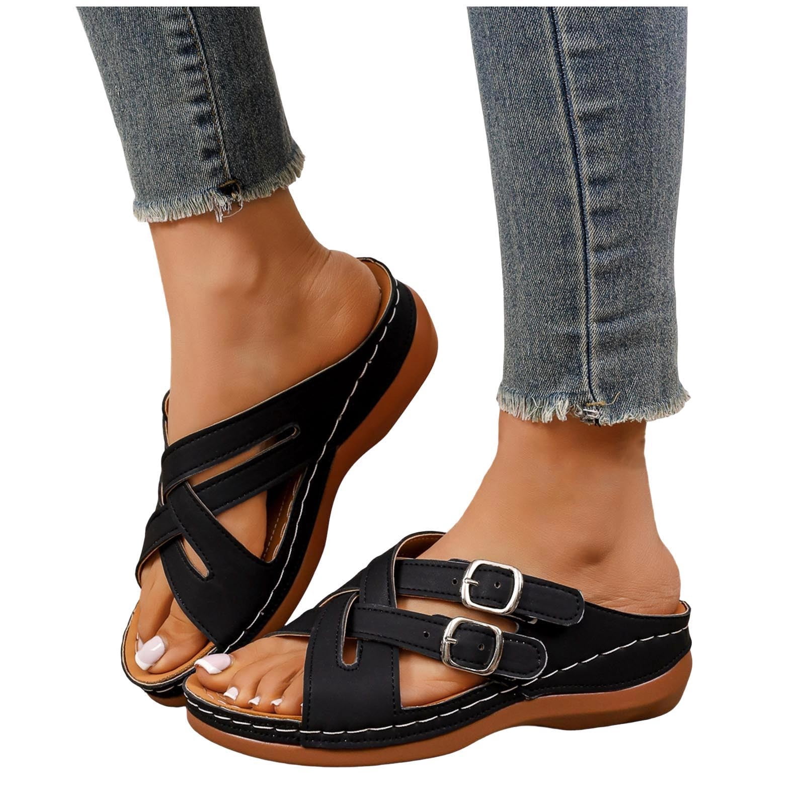Gpaecead Women Cross Strap Wedge Slide Sandals Double Adjustable Metal ...