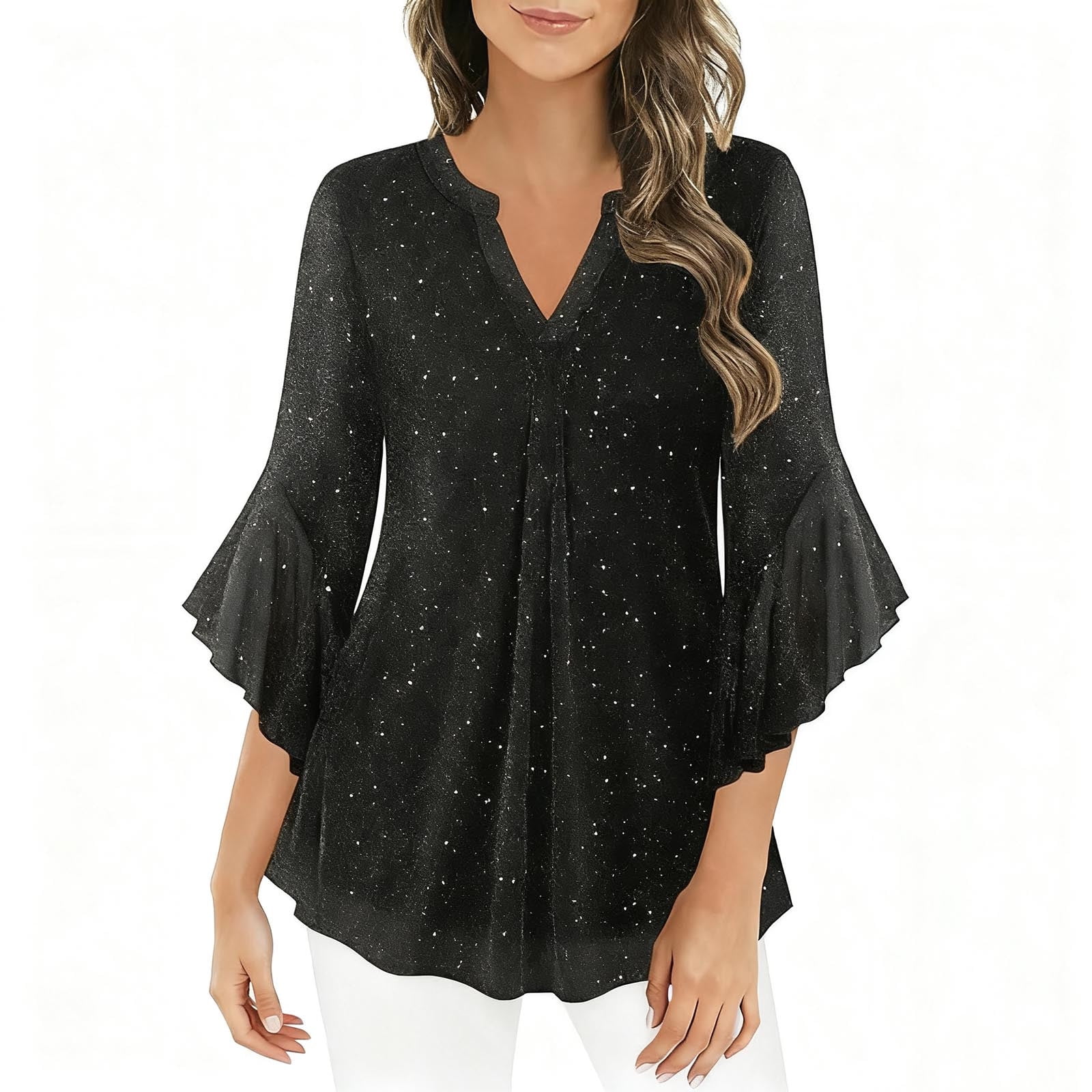 Gpaecead Women's Mesh Gold Print V-Neck Top - Sparkly 3/4 Sleeve Party ...