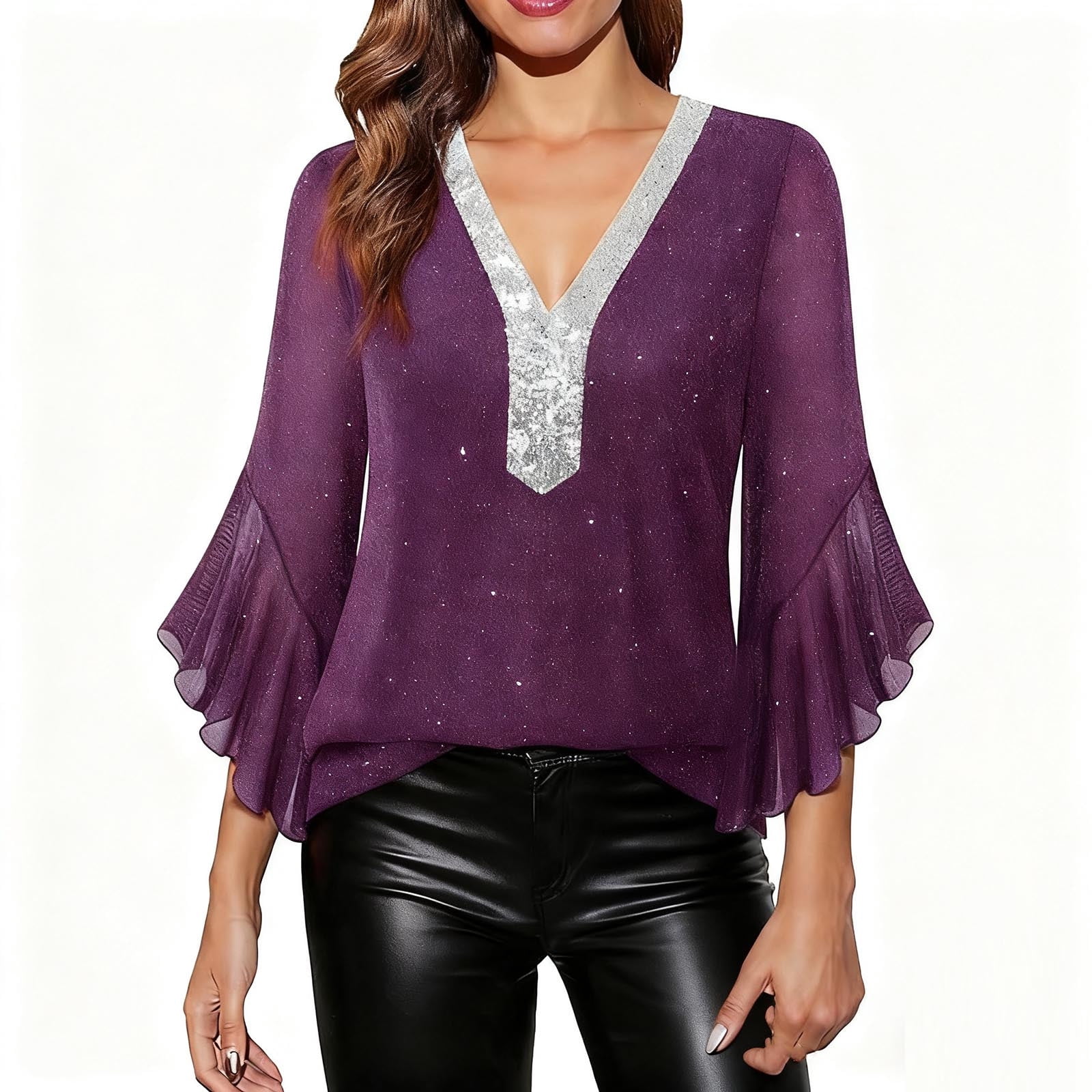 Gpaecead Women's Metallic Trim Mesh V-Neck Top - Shimmery 3/4 Sleeve ...