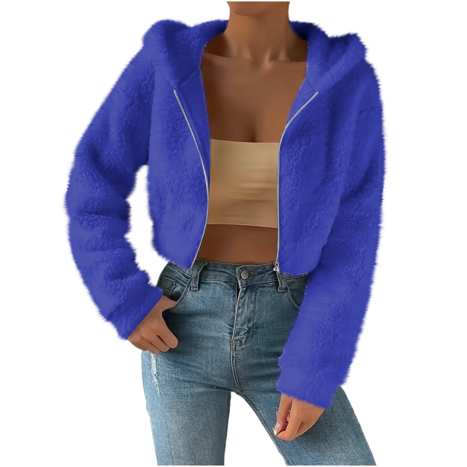 Gpaecead Women's Short Plush Hooded Jacket - Double Faced Fleece Fall ...