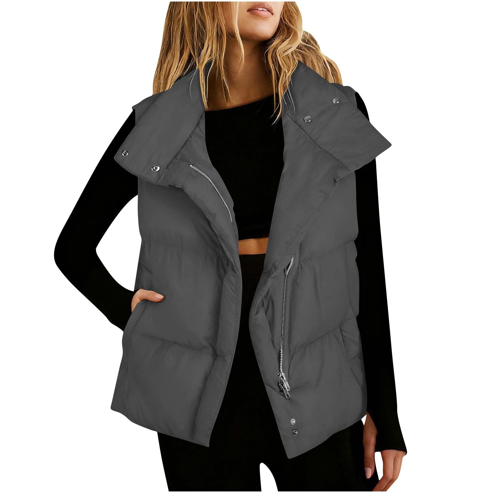 Gpaecead Women's Sleeveless Quilted Drawstring Vest - Solid Color ...