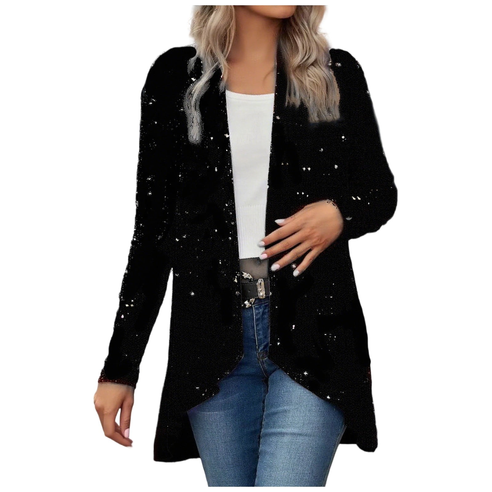 Gpaecead Women's Solid Color Sequin Cardigan - Open Front Sparkly ...