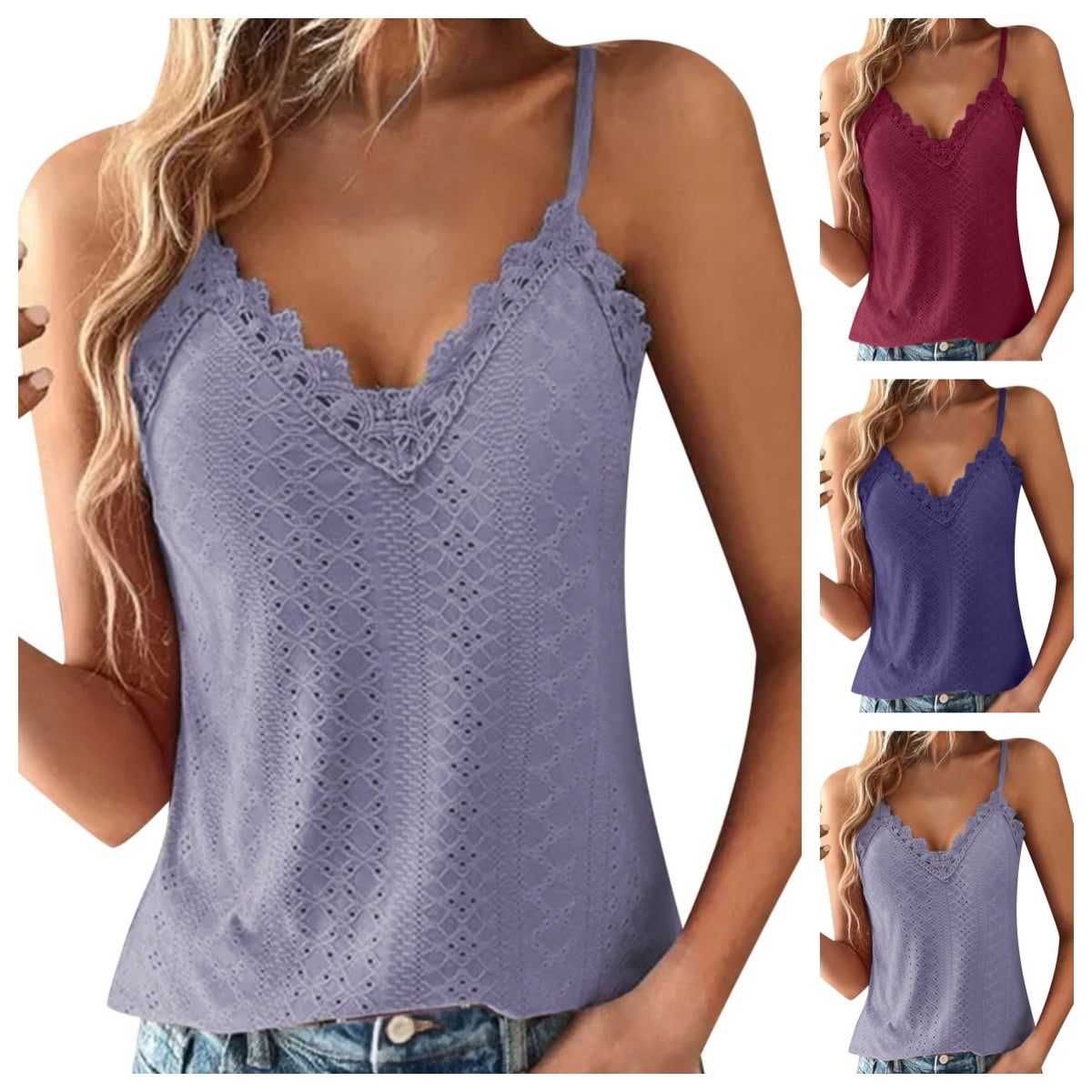 Gpoecd Womens Tank Tops Lace Solid Color Elegant Sleeveless with Floral ...