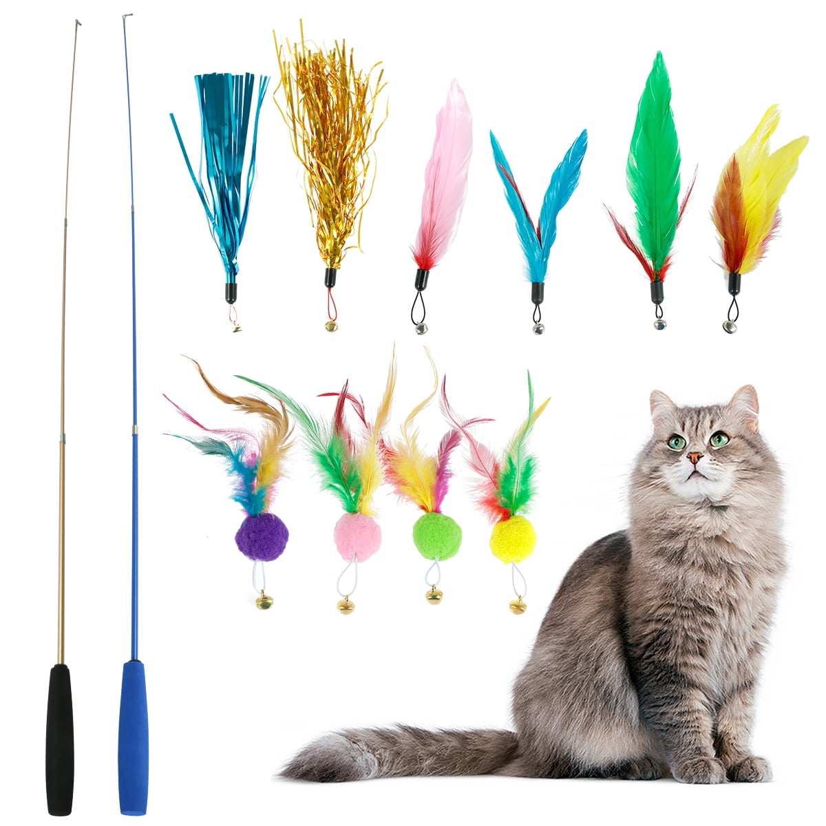Gpoty 10 Pcs Cat Toys Set Cat Wand Toys Interactive Cat Feather Wand ...
