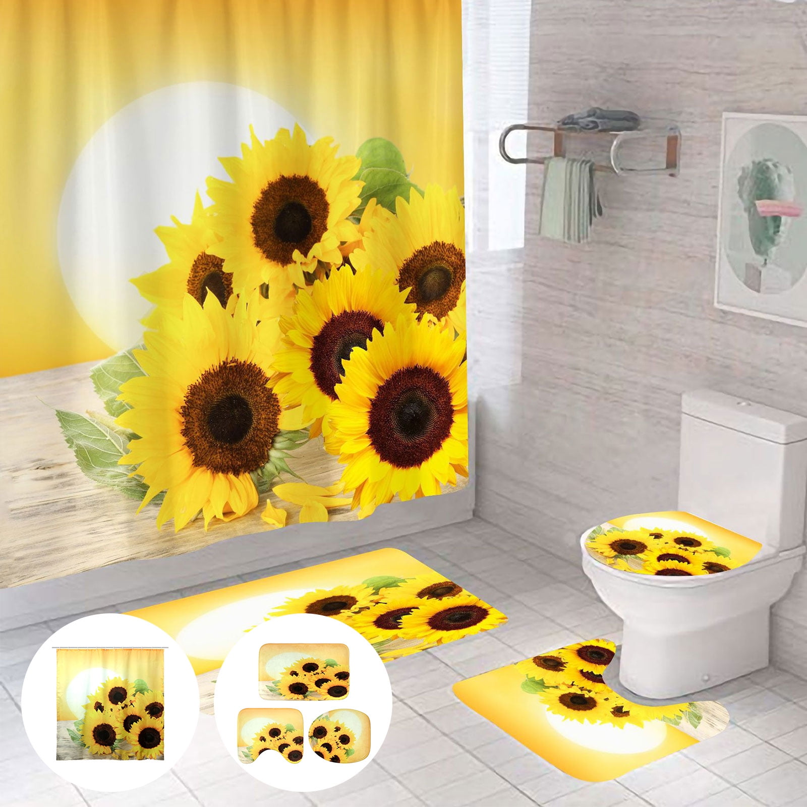 Gpoty 3PCS 3D Sunflowers Bathroom Rug Set,Absorbent Non Slip Bath Mat ...