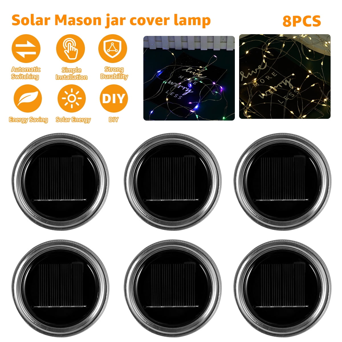 Gpoty 8Pcs Solar Jar String Lights,9.84ft 30LED Solar Mason Jar Lid ...