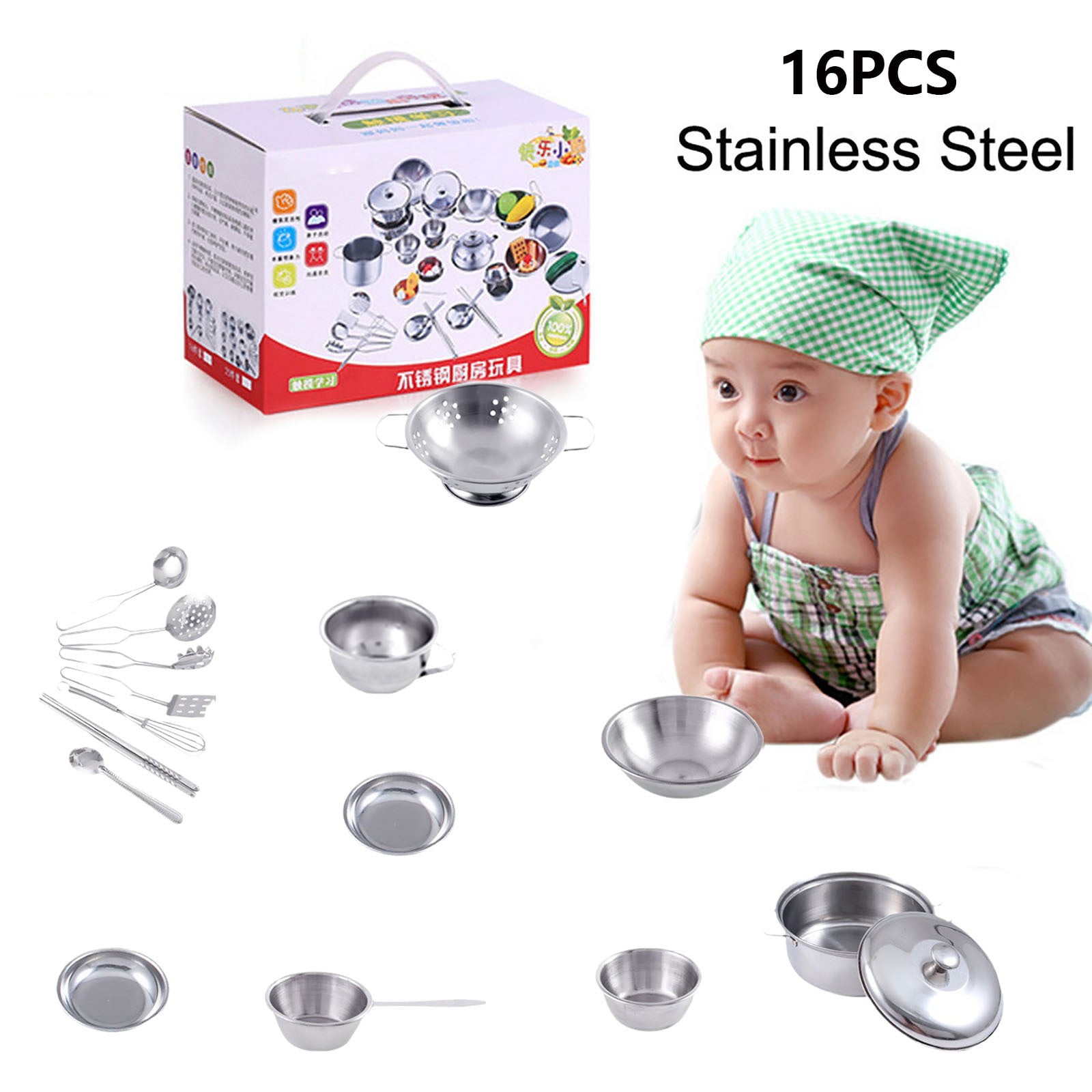 Gqtwoy 16 Pcs Stainless Steel Kids Cookware Set Pretend Play Kitchen ...