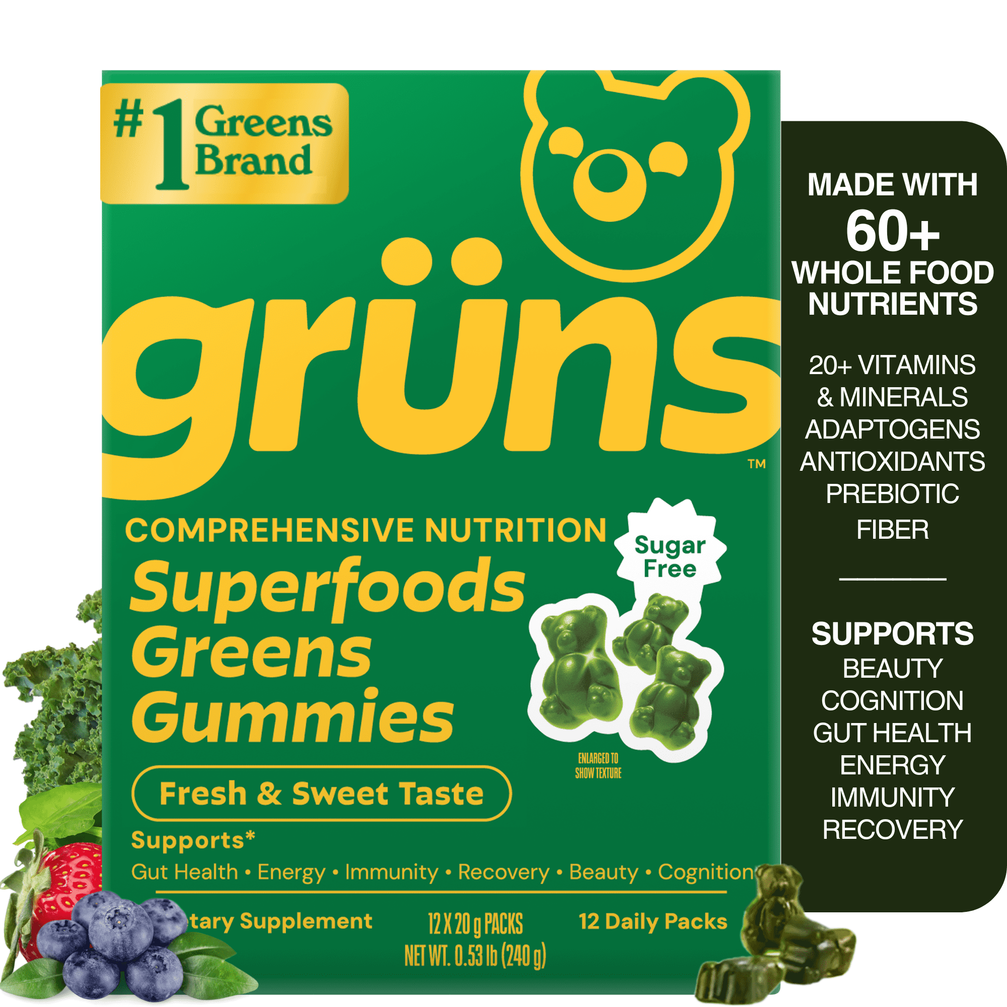 Gruns Adult Superfood Greens Gummies, Sugar-Free, 21 Vitamins ...