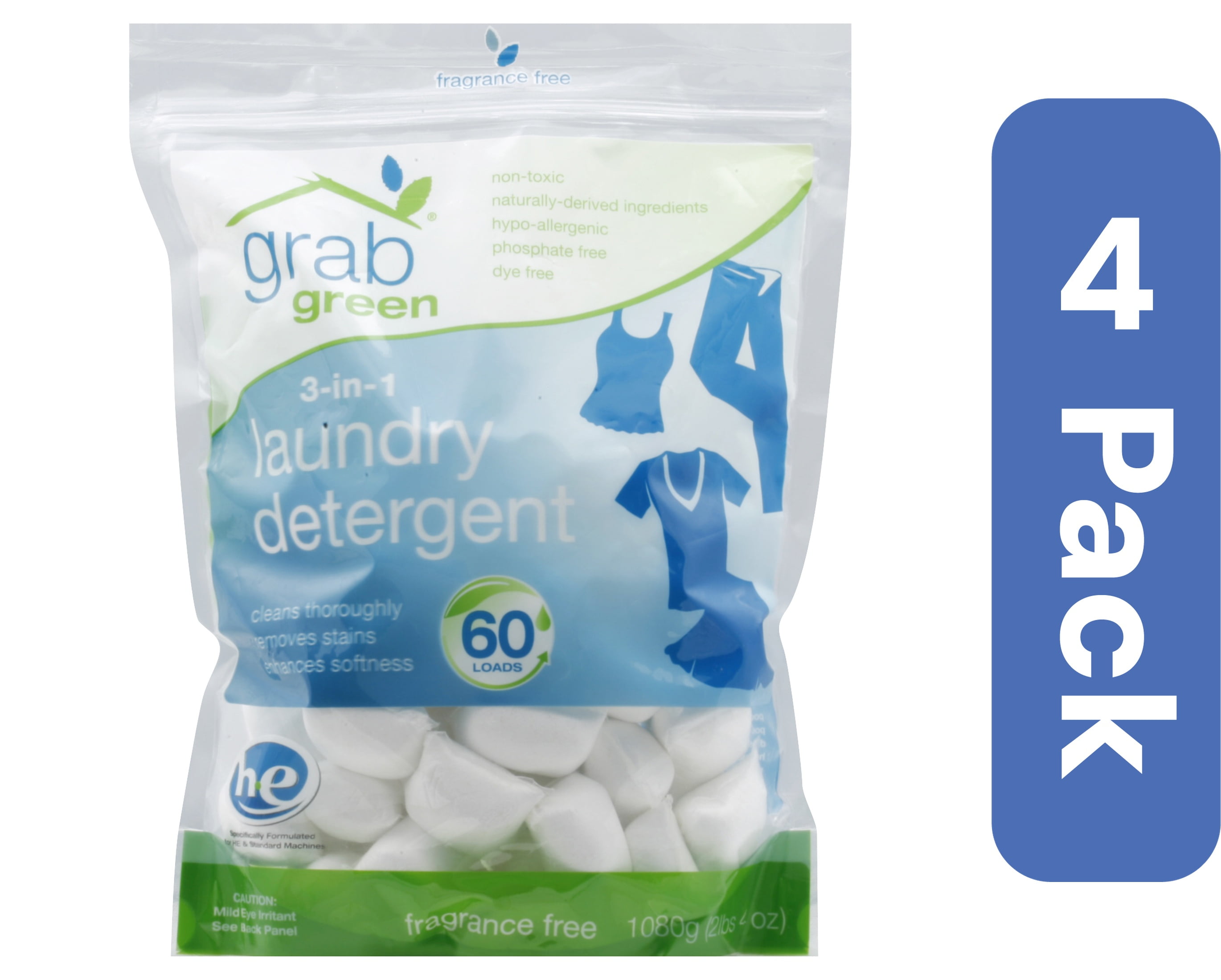 Grab Green 3-in-1 Detergent Free & Clear 60 Loads 2.4 lb (Pack of 4 ...