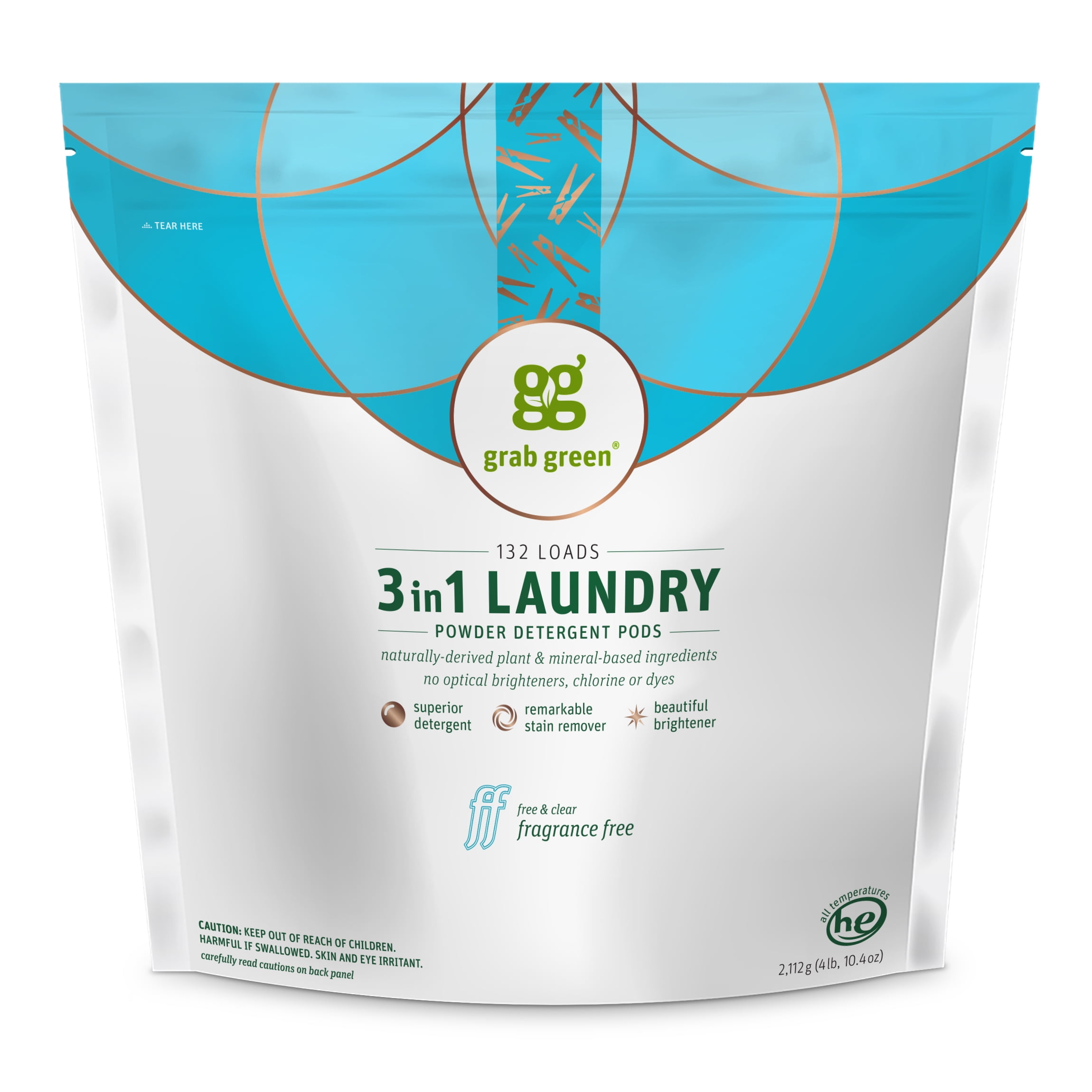 Grab Green 3-in-1 Laundry Detergent Pods, 132 Count, Fragrance Free ...