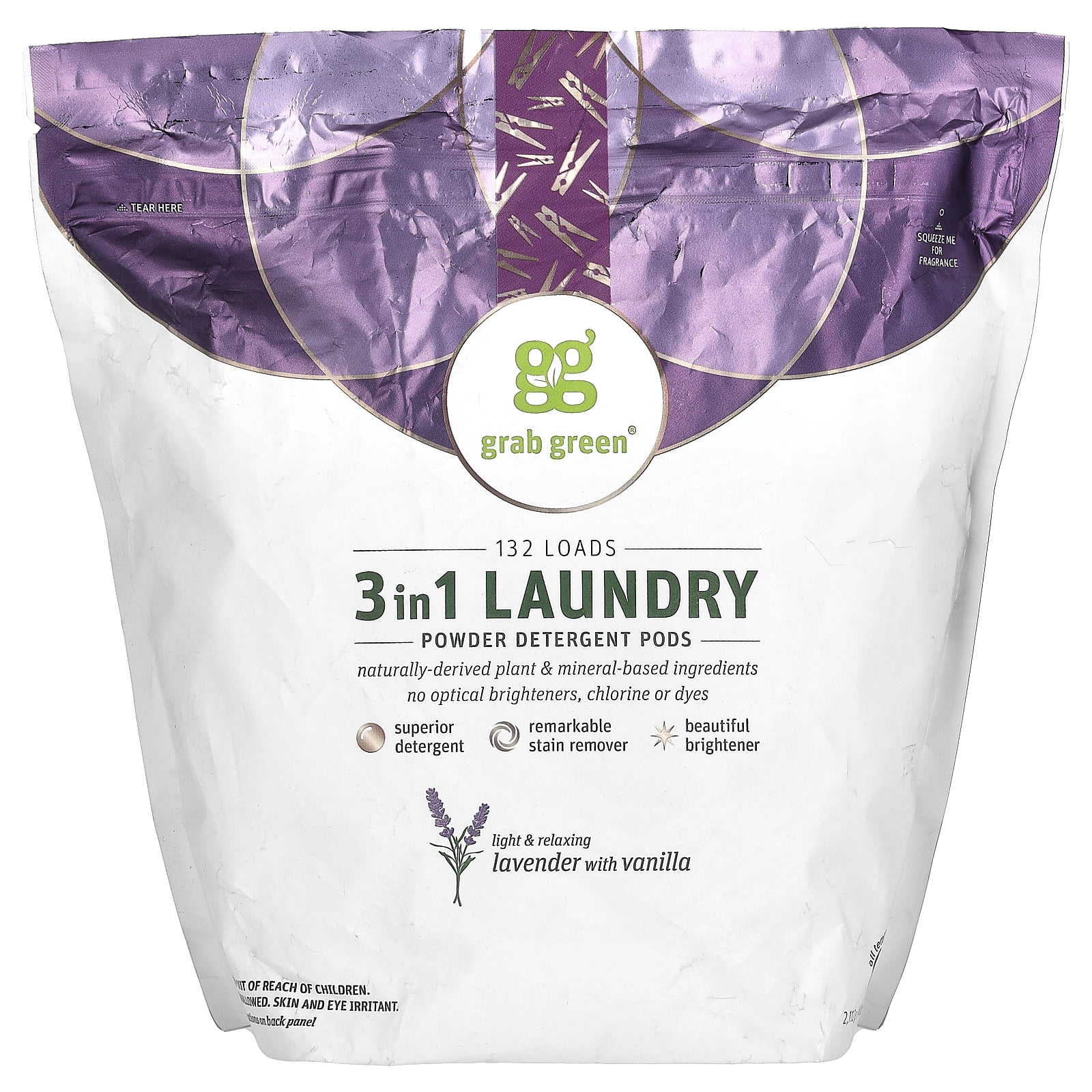 Grab Green 3-in-1 Laundry Pods, 132 Count, Lavender Vanilla, Plant ...