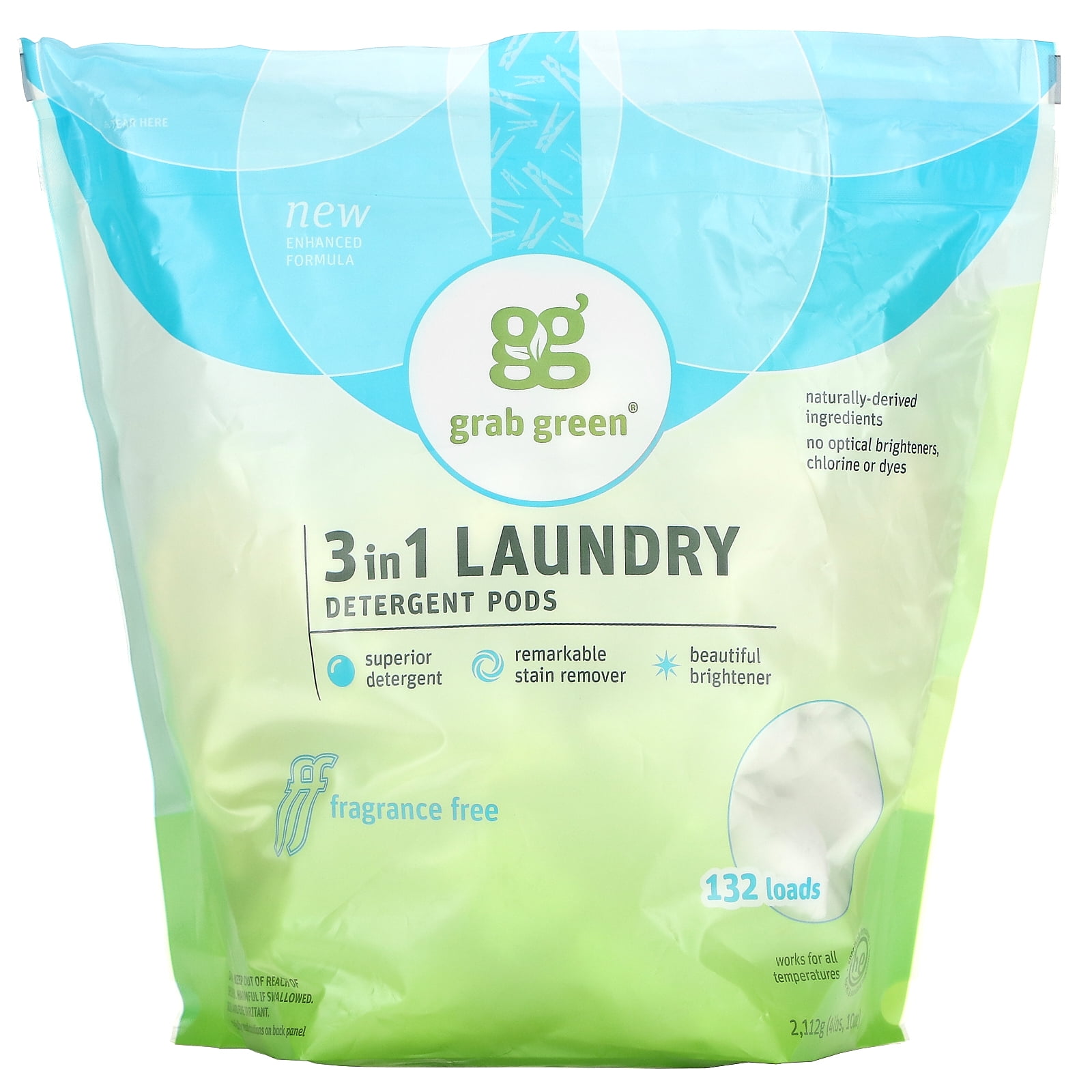 Grab Green 3-in-1 Laundry Detergent Pods, Fragrance Free, 132 Loads, 4 ...