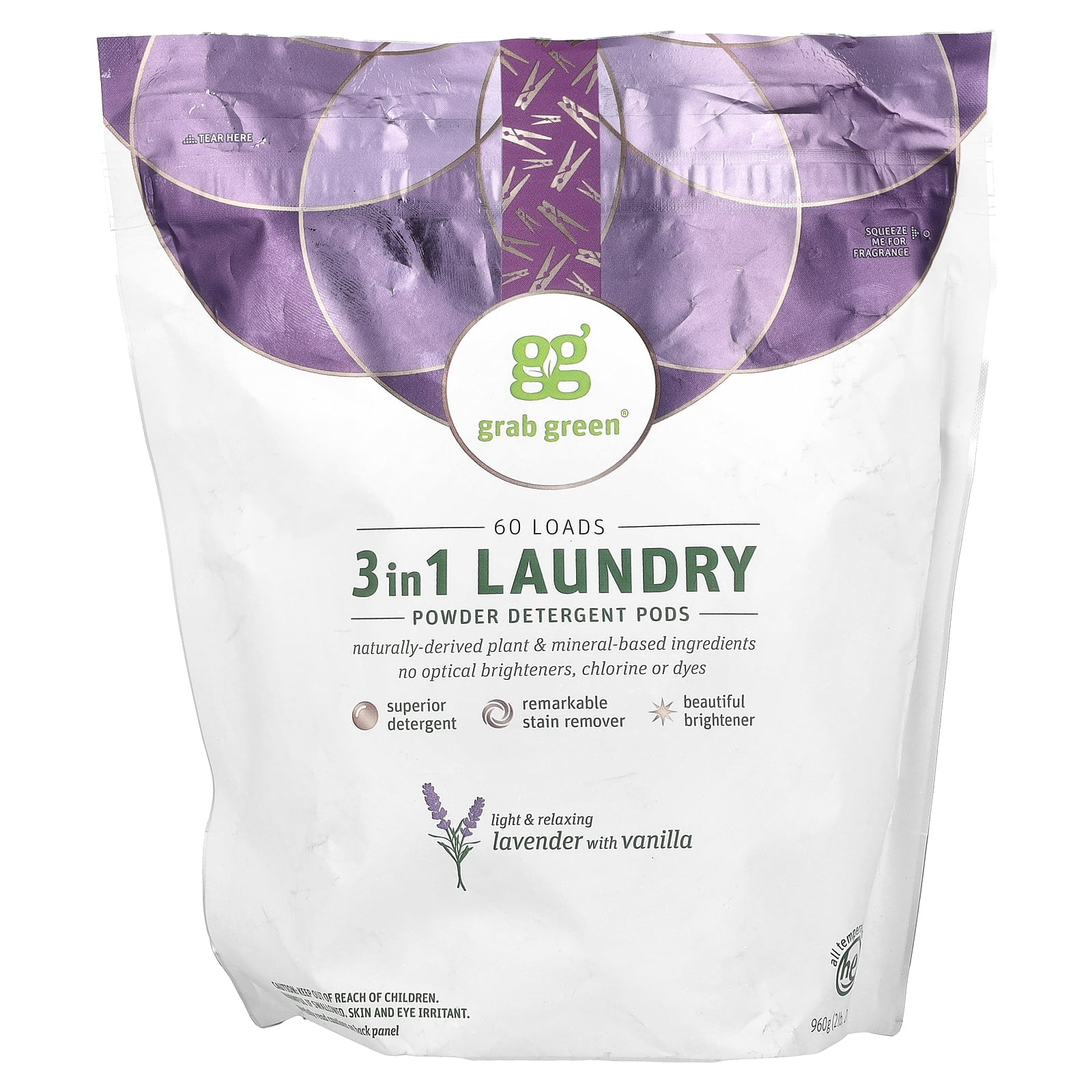 Grab Green 3-in-1 Laundry Pods, 60 Loads, Lavender Vanilla Scent ...