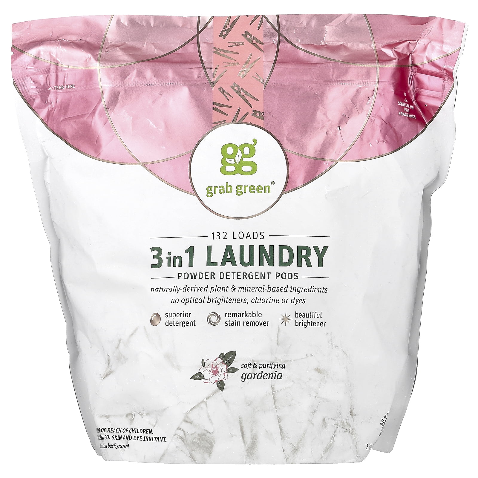 Grab Green 3 in 1 Laundry Powder Detergent Pods, Gardenia, 132 Loads, 4 ...