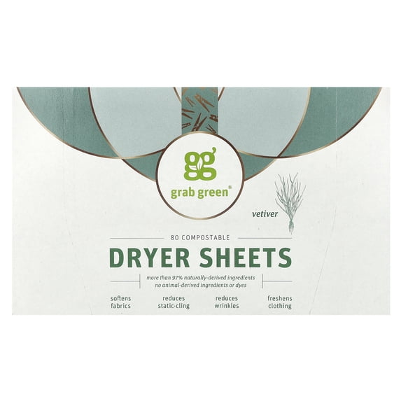 Grab Green Dryer Sheets, Vetiver Scent, 80 Sheets, Softens Fabrics ...