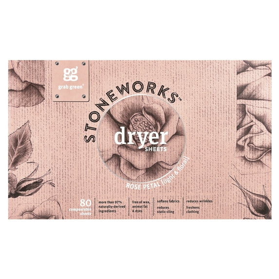 Grab Green Natural, Stoneworks Dryer Sheets, Rose Petal, 80 Sheets ...