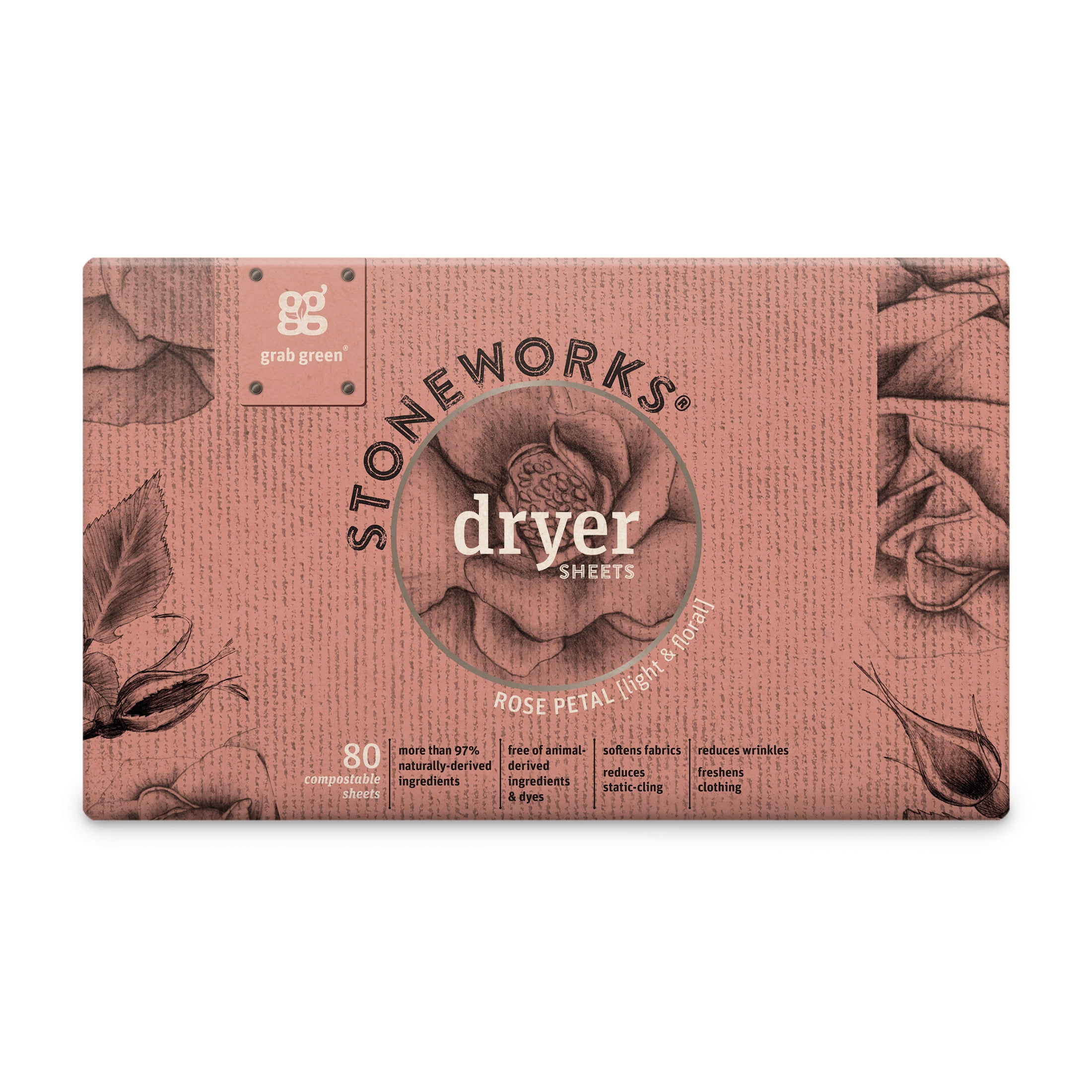 Grab Green Natural, Stoneworks Dryer Sheets, Rose Petal, 80 Sheets ...