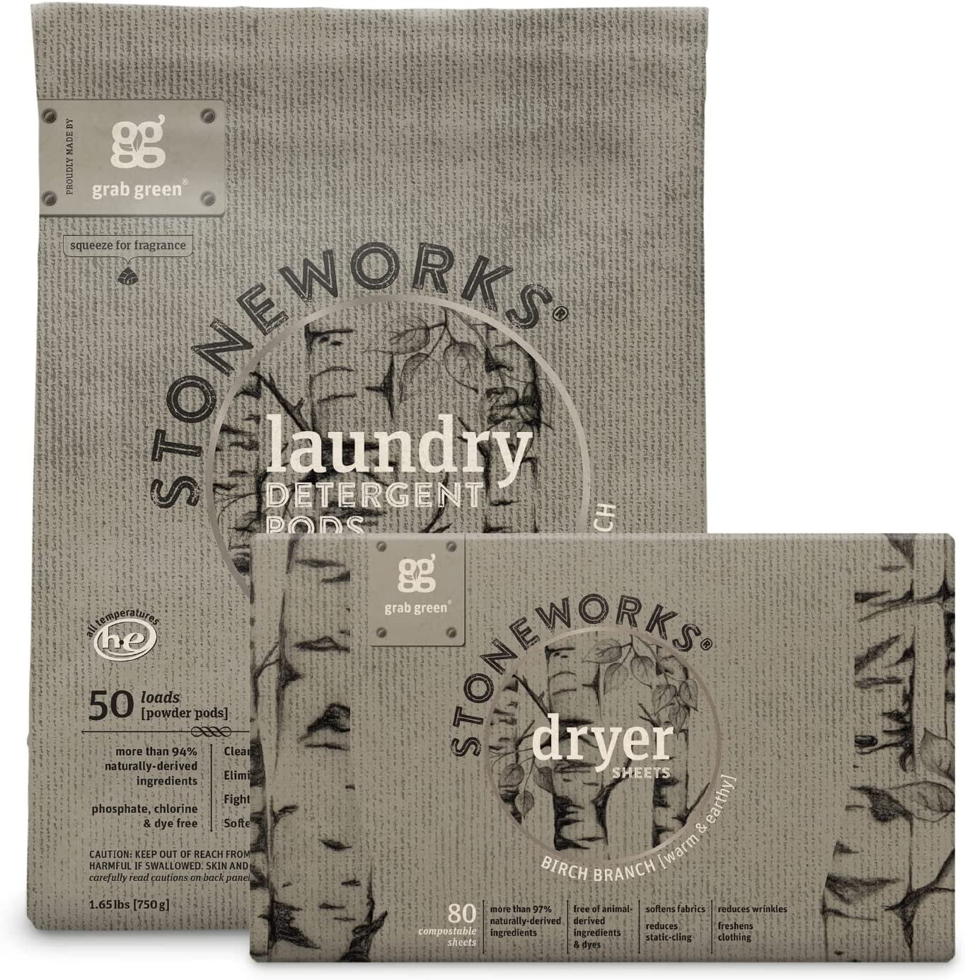 Grab Green Stoneworks Laundry Detergent Pods and Dryer Sheet Bundle, 50 ...