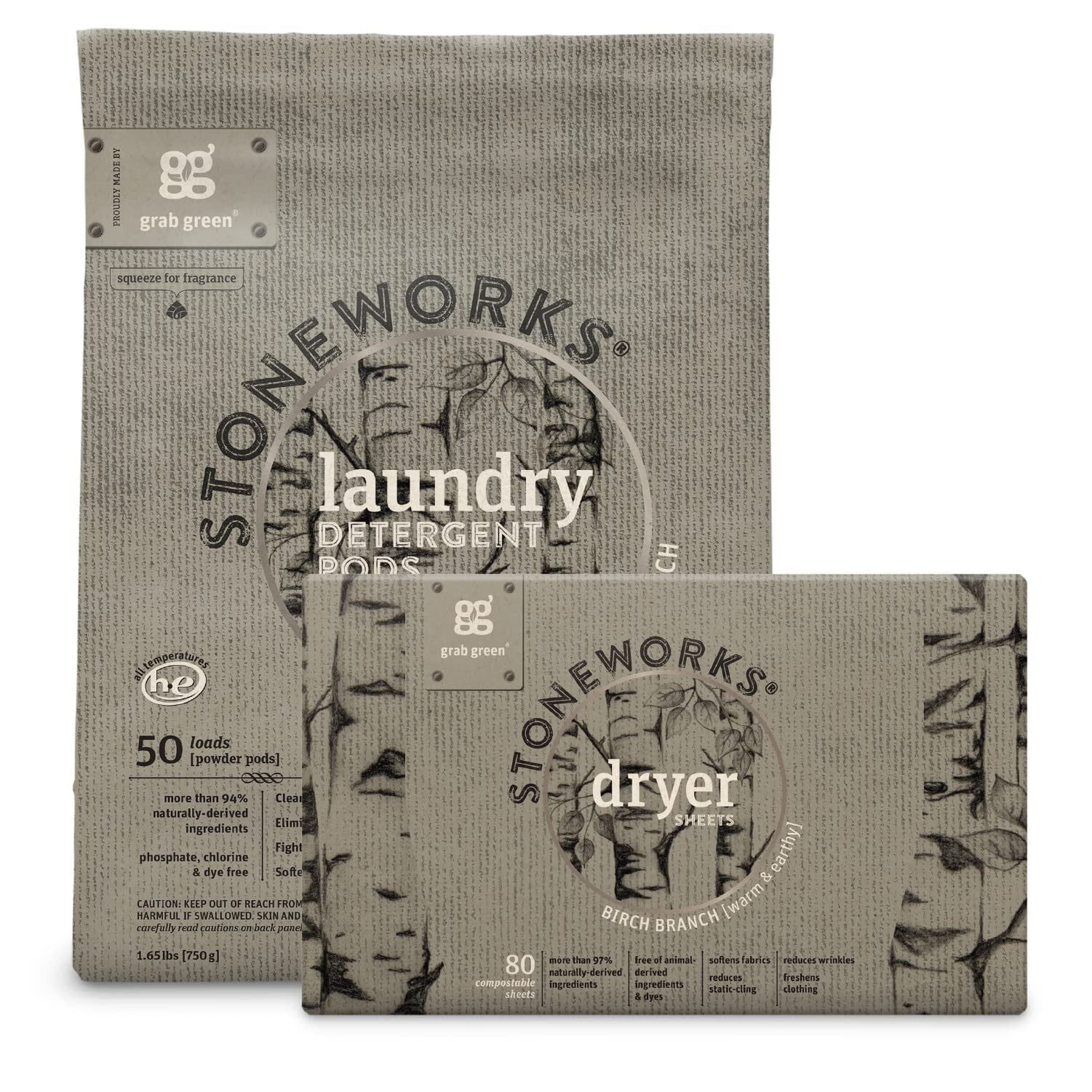 Grab Green Stoneworks Laundry Detergent Pods and Dryer Sheet Bundle, 50 ...