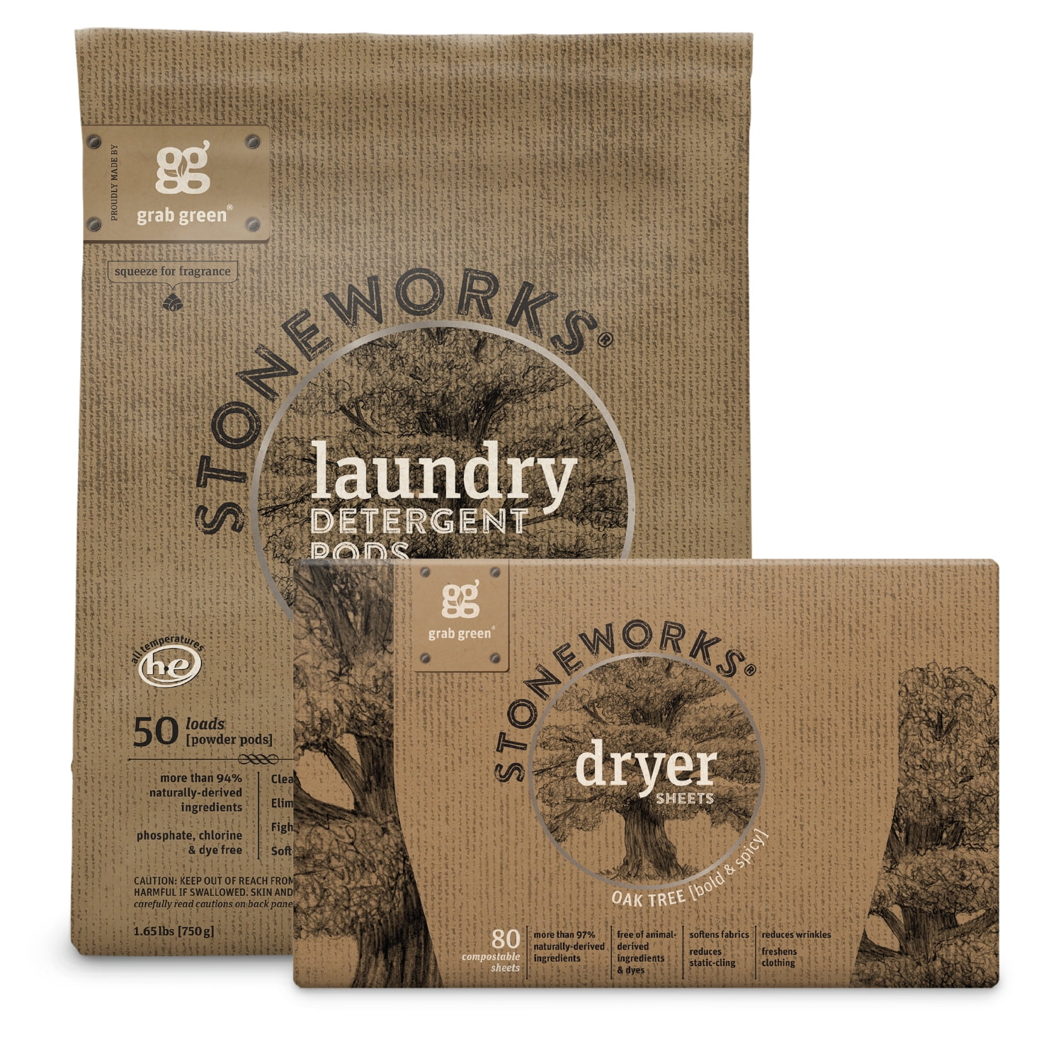 Grab Green Stoneworks Laundry Detergent Pods and Dryer Sheet Bundle, 50 ...