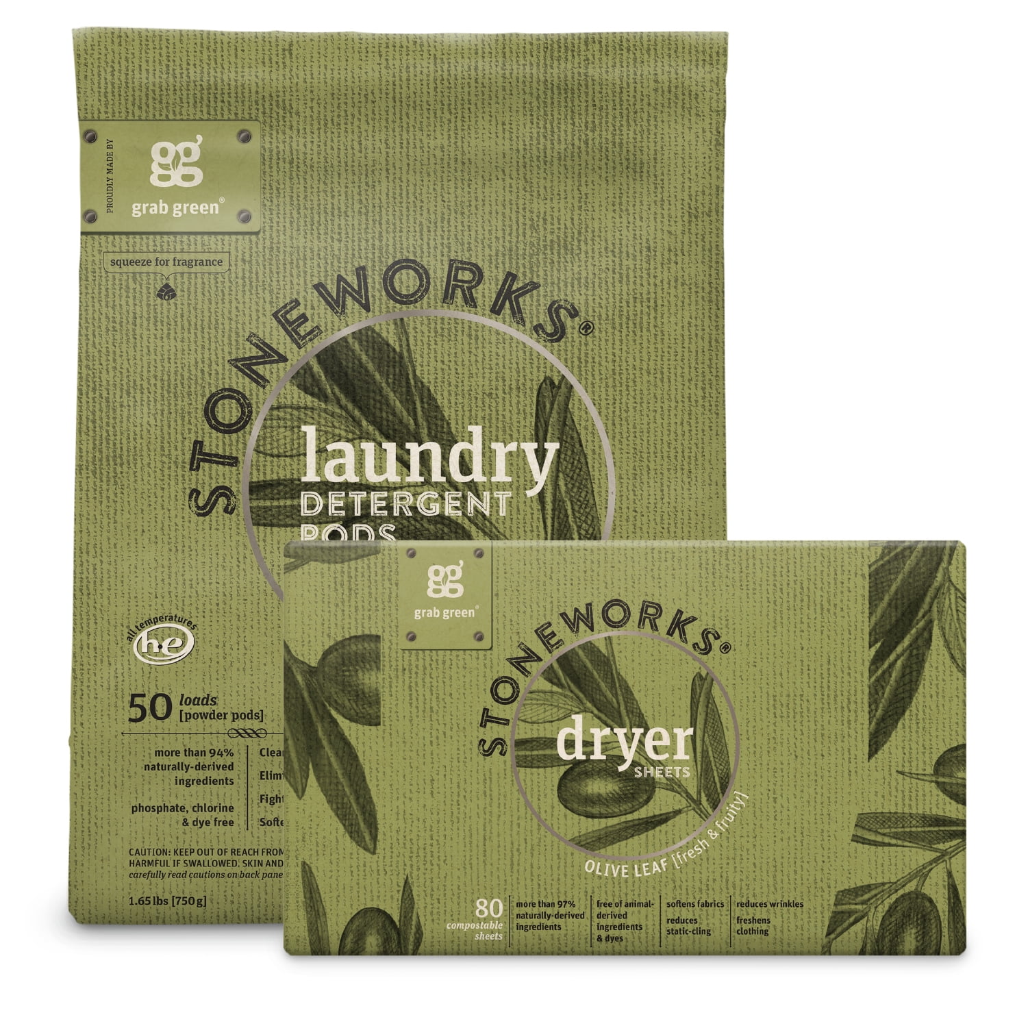 Grab Green Stoneworks Laundry Detergent Pods and Dryer Sheet Bundle, 50 ...
