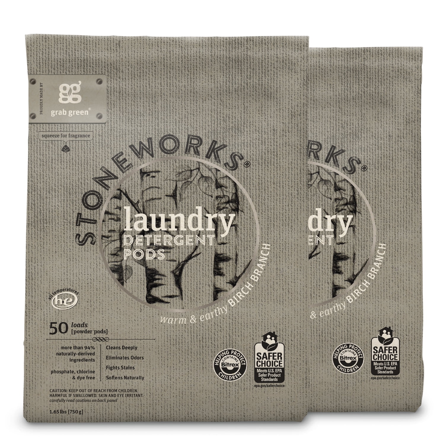 Grab Green Stoneworks Laundry Detergent Pods, Birch Branch Scent, 100 ...