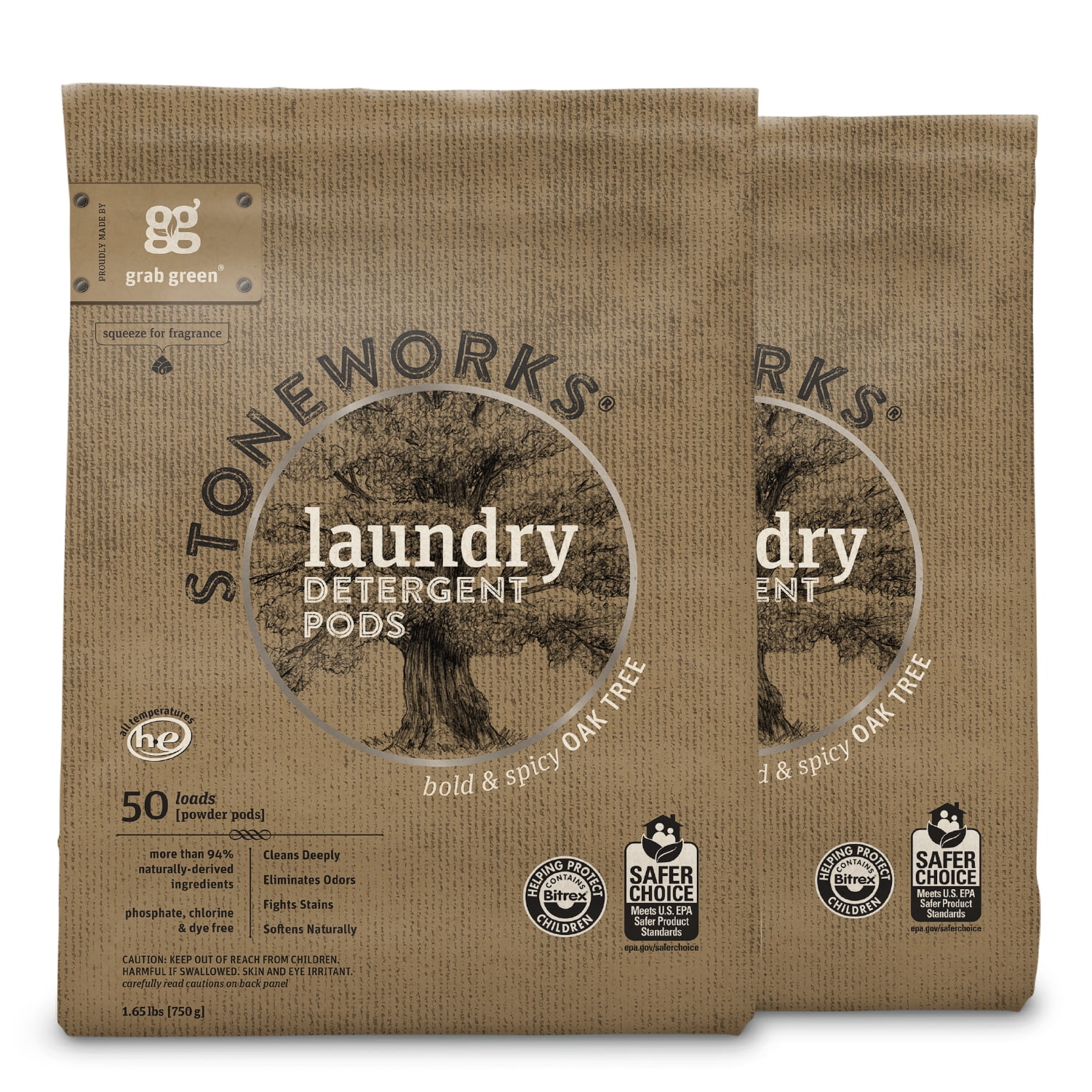 Grab Green Stoneworks Natural, Eco-Friendly Detergent Powder Pods, Oak ...