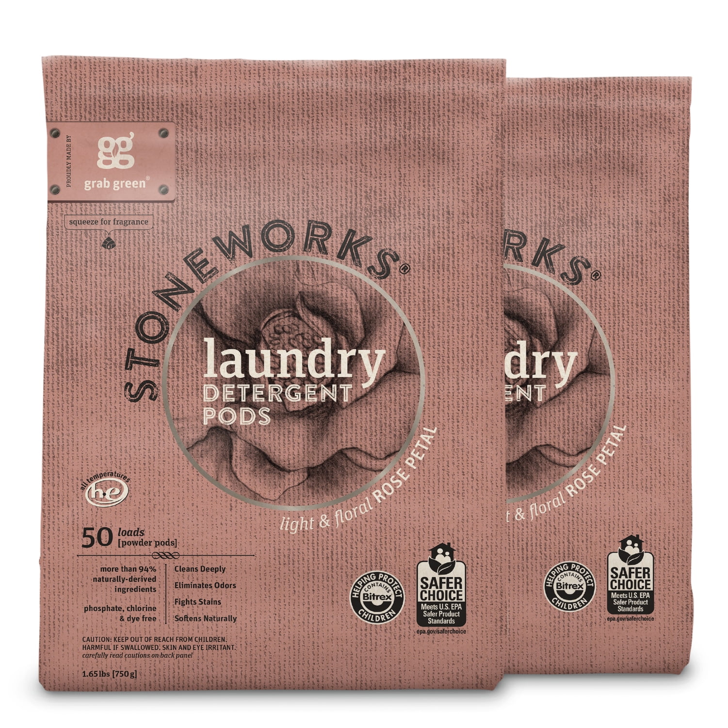 Grab Green Stoneworks Natural, Eco-Friendly Detergent Powder Pods, Rose ...