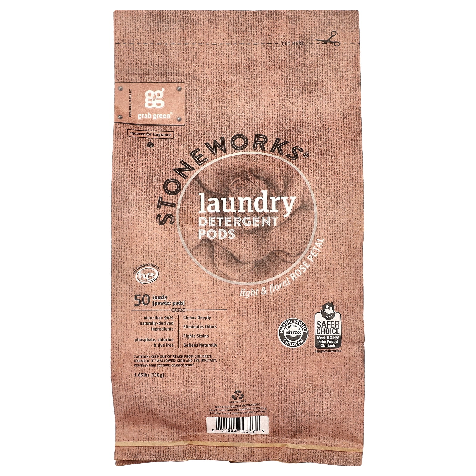 Grab Green Stoneworks Plant-Based Laundry Detergent Powder Pods, Rose ...