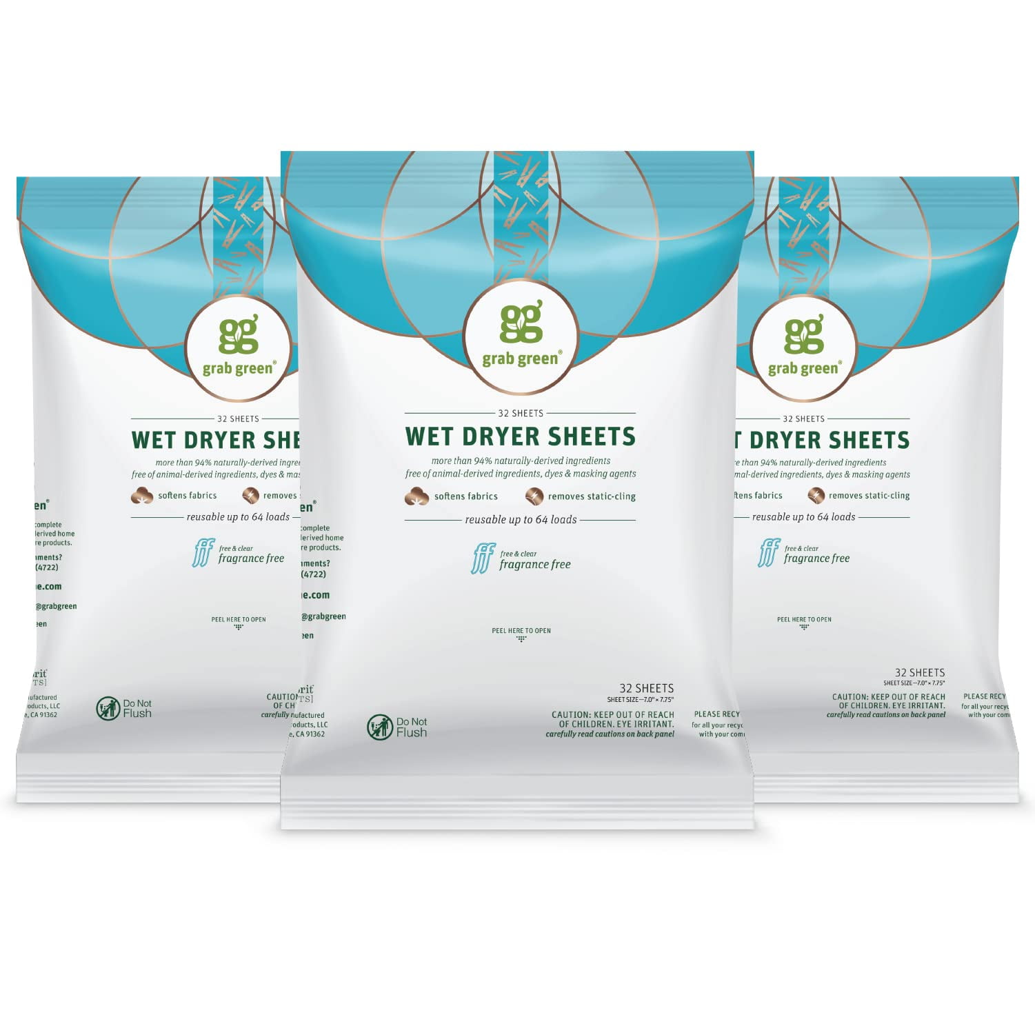 Grab Green Wet Dryer Sheets, 96 Count, Fragrance Free, Plant Based ...