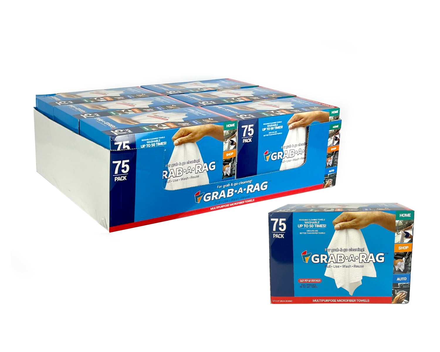 Grab-a-Rag Microfiber Cleaning Towels, 75-Pack, 12x12, Reusable, 6 Pop ...