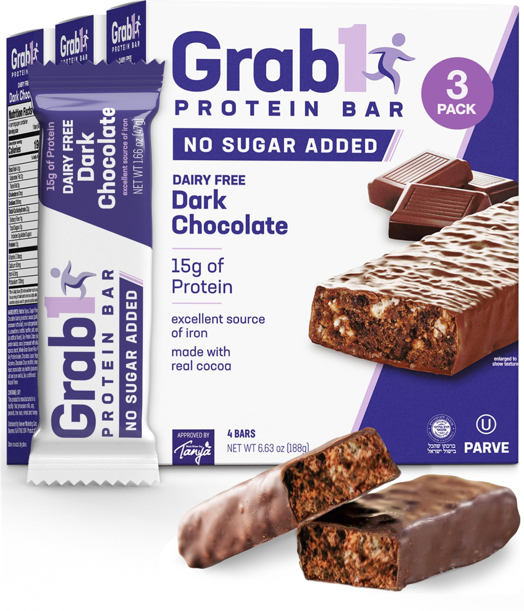 Grab1 Sugar Free Protein DHF10 Bars, Dairy Free Dark Chocolate (3 Pack ...