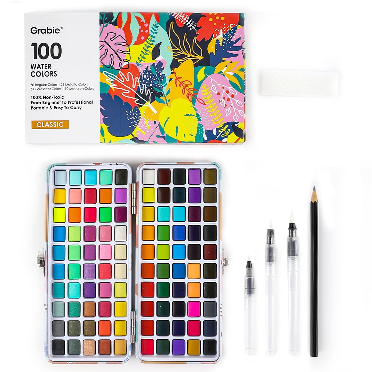 Grabie 100 Colors Watercolor Set with Brushes & Pencil, Art Supplies ...
