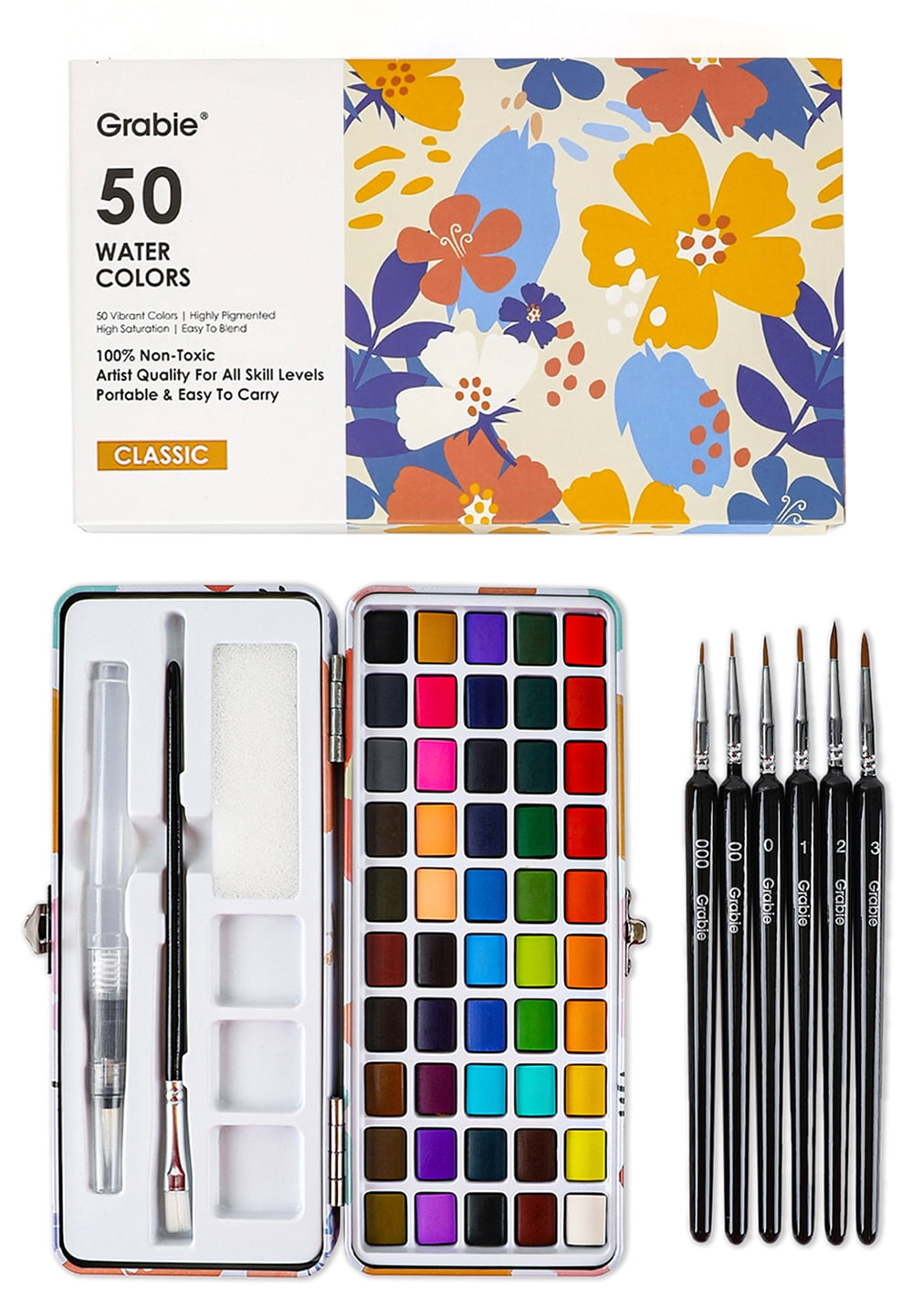 Grabie Pro Watercolor Paint Set, 50 Colors, Travel Kit, Detail Brush ...