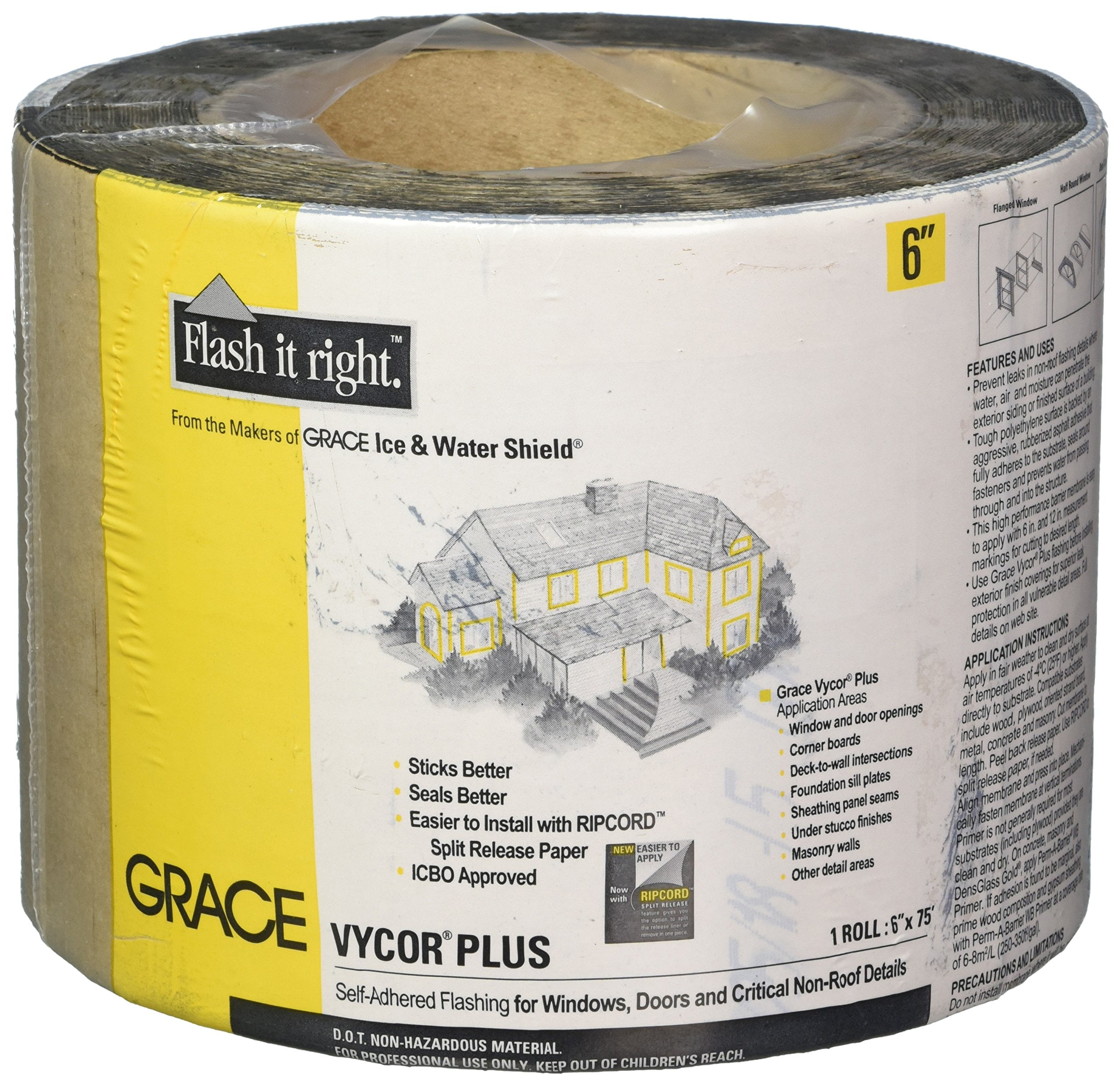 Grace 21482 6 in. x 75 ft. Vycor Plus Self-Adhered Flashing - Walmart.com