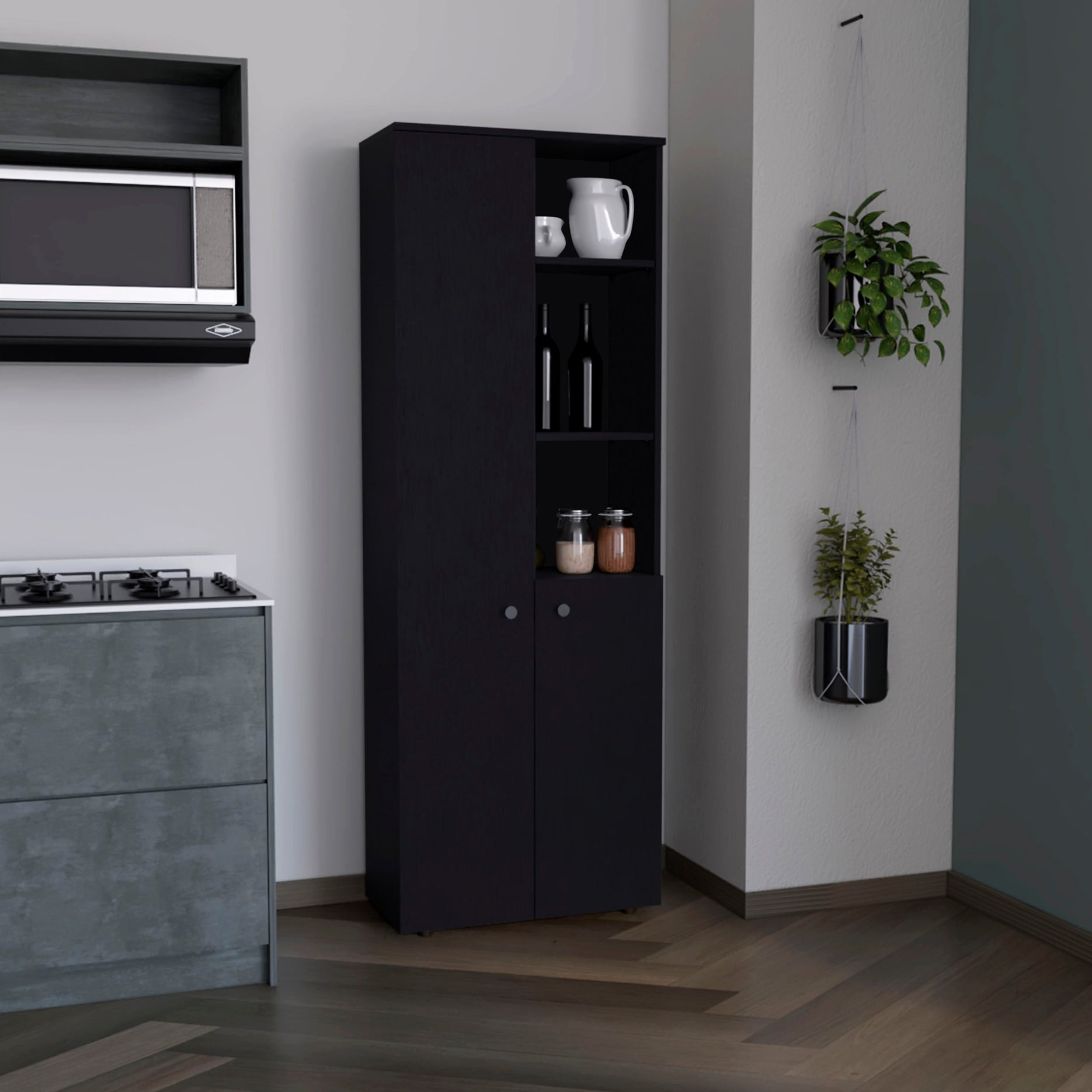 Grace Black Kitchen Storage Unit - With Open And Closed Shelving For An ...
