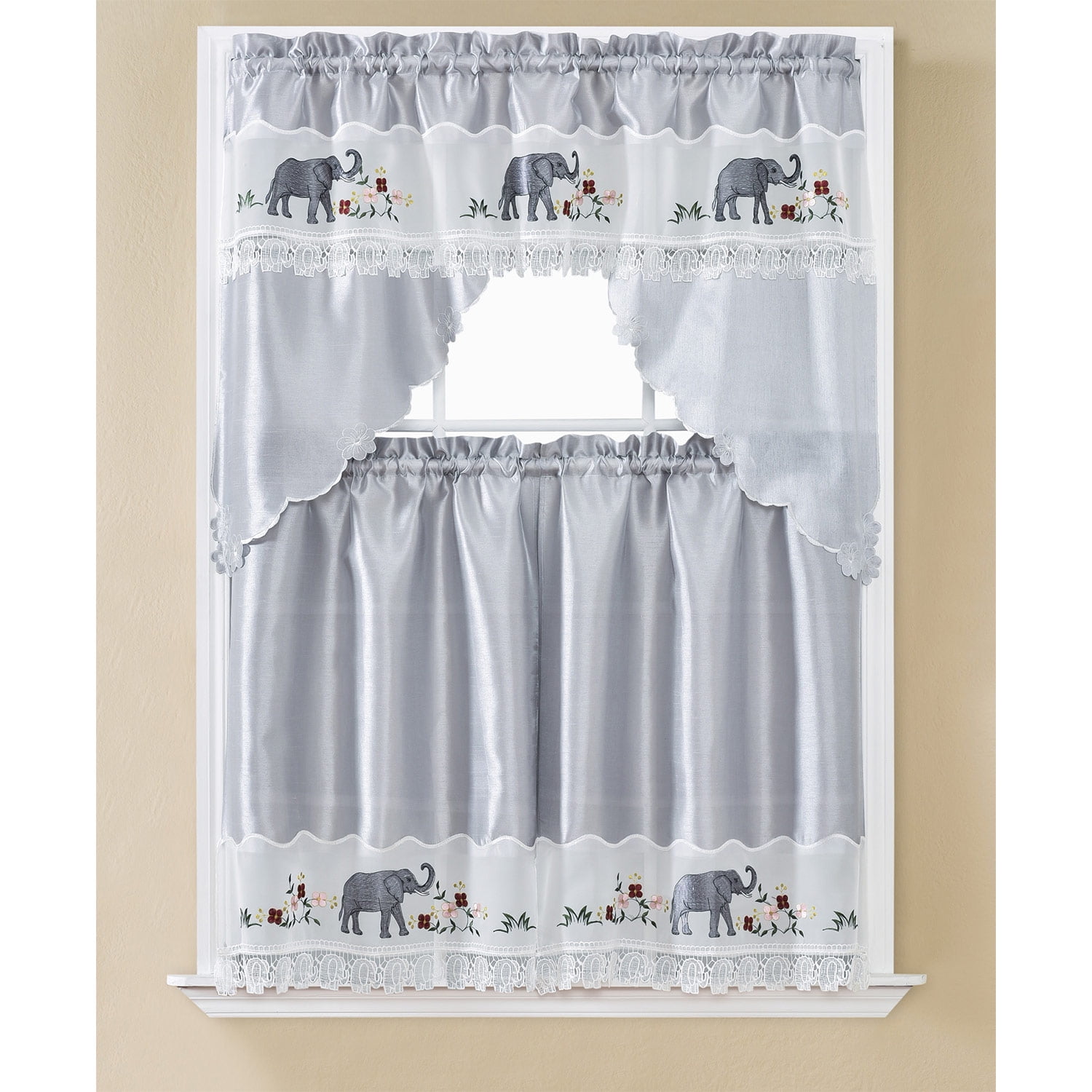 Grace Embroidered Elephant Kitchen Curtain Set, Swag 60x36, Tiers 30x36 ...
