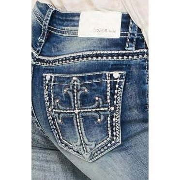 Grace in LA Women's Cross Embroidered Embellished Pocket Bootcut ...
