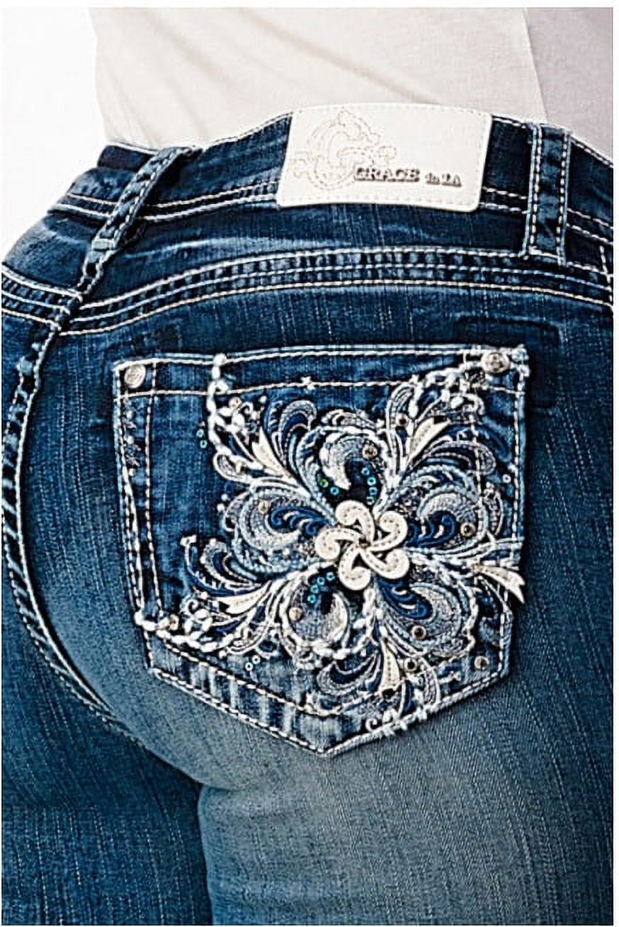 Grace In La Womens Cross Embroidered Embellished Pocket Bootcut