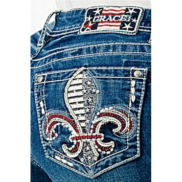 Grace in LA Women's Cross Embroidered Pocket Distressed Bootcut Stretch ...