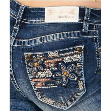 Grace in LA Women's Horseshoe Floral Embroidered Stretch Jeans Blue (26 ...
