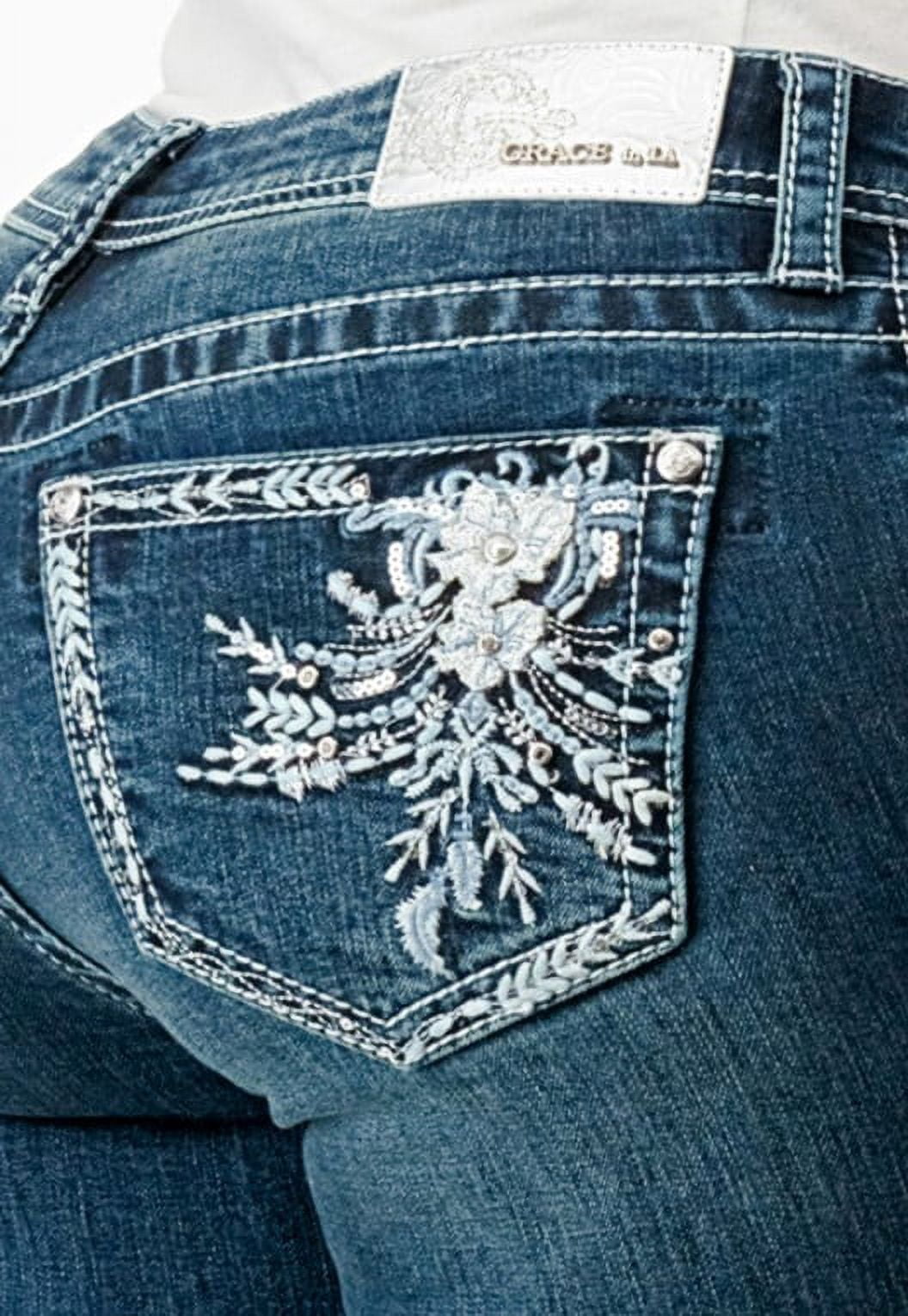 Grace in LA Mid Rise Floral Embroidered Cotton Jeans, (Women's ...