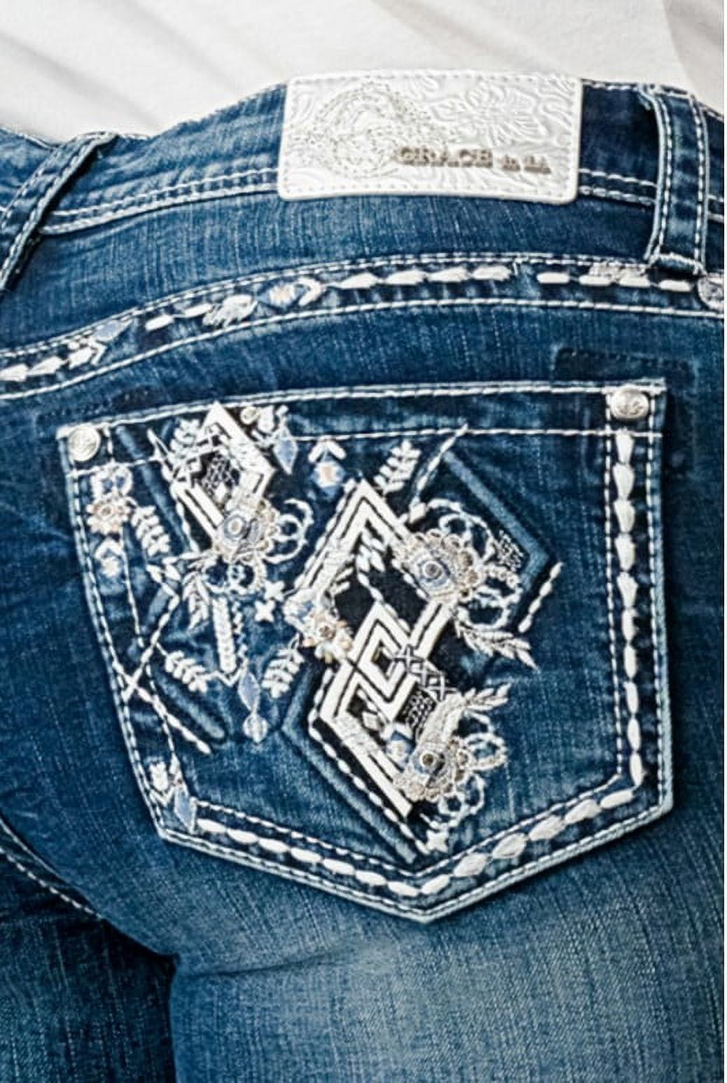 Grace In La Women's Medium Wash Mid Rise Diamond Pocket Bootcut Stretch ...