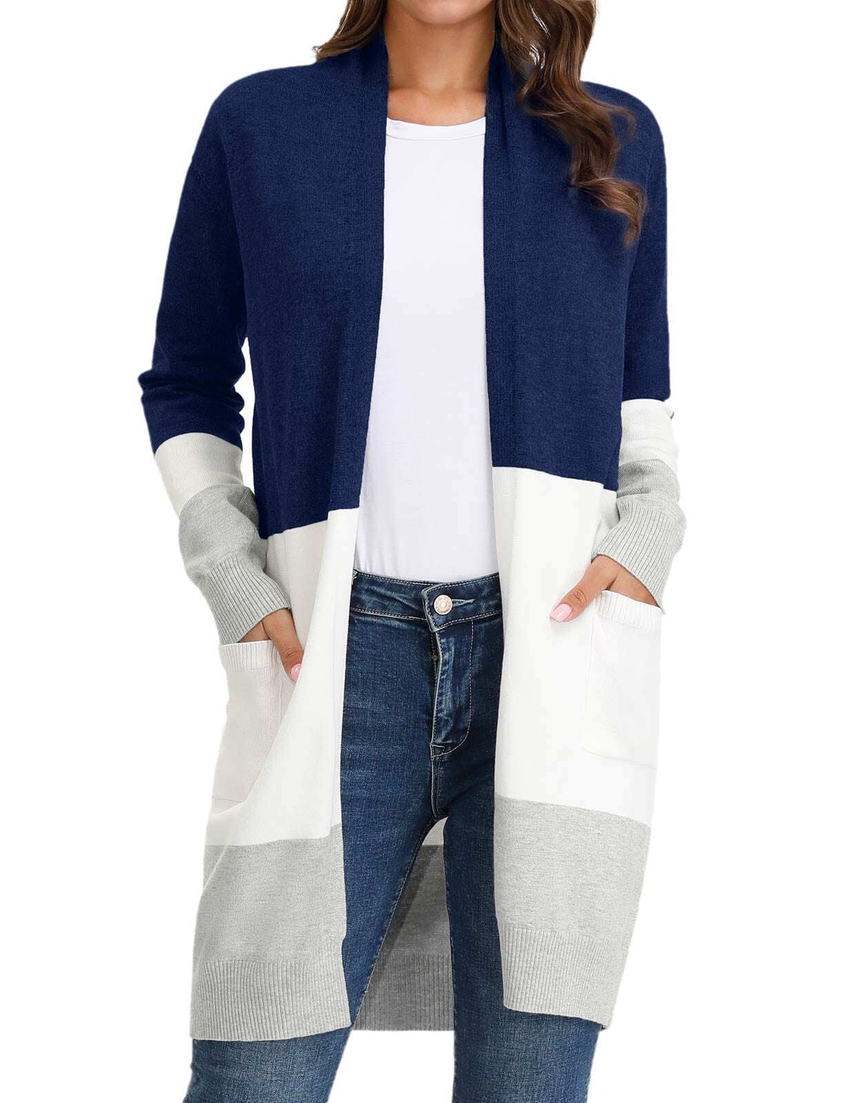 Grace Karin Women's Blue and white Long Cardigan Striped V-neck Casual ...