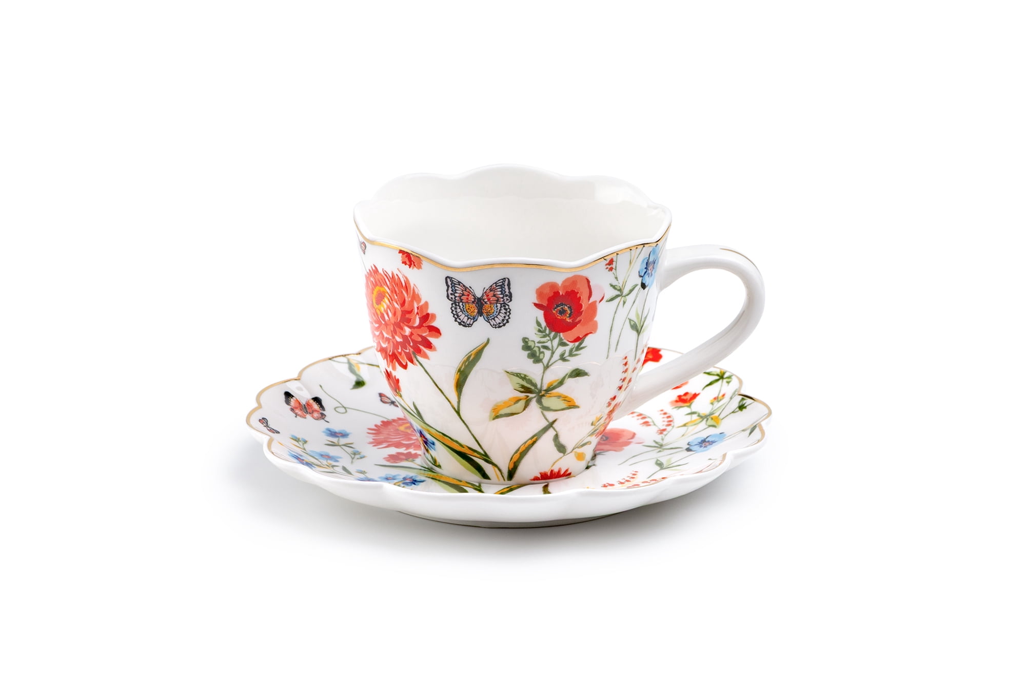Grace Teaware Butterfly Poppy 7oz Fine Porcelain Tea Cup and Saucer ...